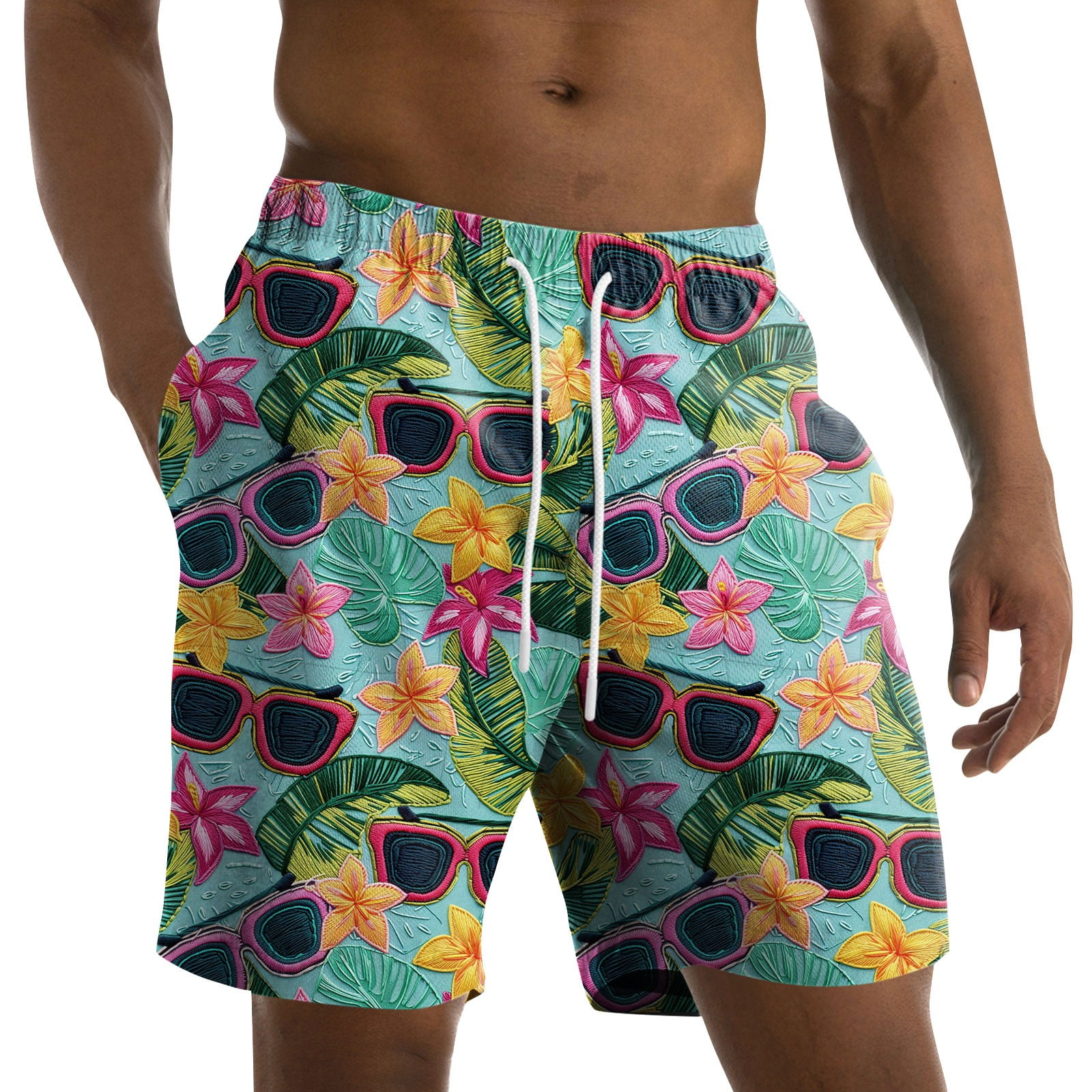 Qwertyu Mens Hawaiian Swim Trunks Palm Tree Tropical Print Summer