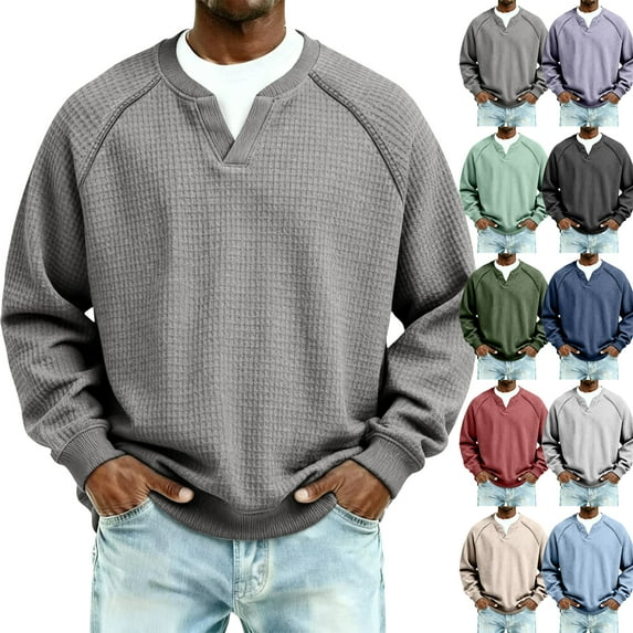 Qwertyu Men's Waffle Henley Shirts Long Sleeve V-Neck Tops Casual Basic ...