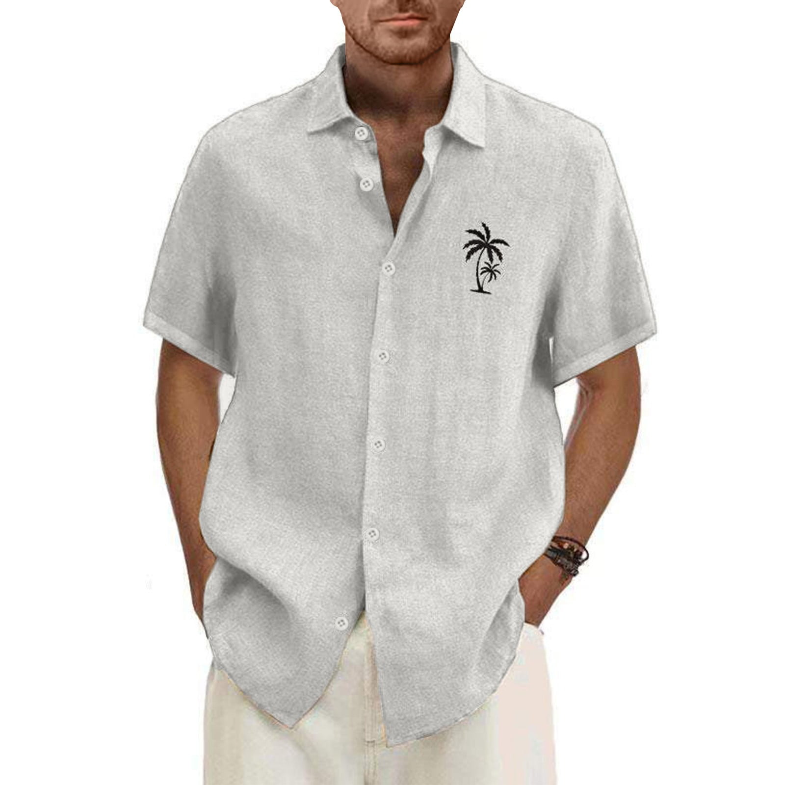 Qwertyu Mens Button Down Short Sleeve Shirt Cotton Linen Hawaii Shirts Casual Tropcial Vacation ...