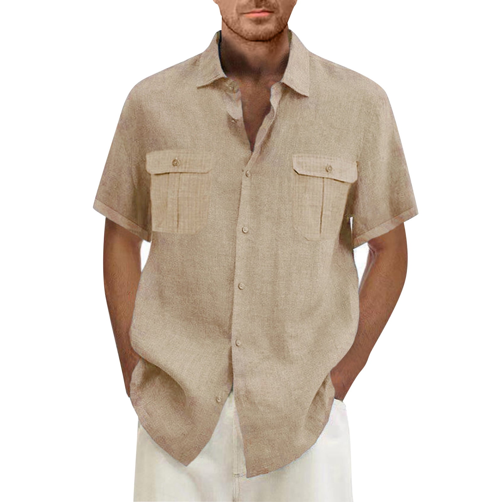 Qwertyu Mens Short Sleeve Guayabera Shirt Linen Cotton Beach Wedding ...