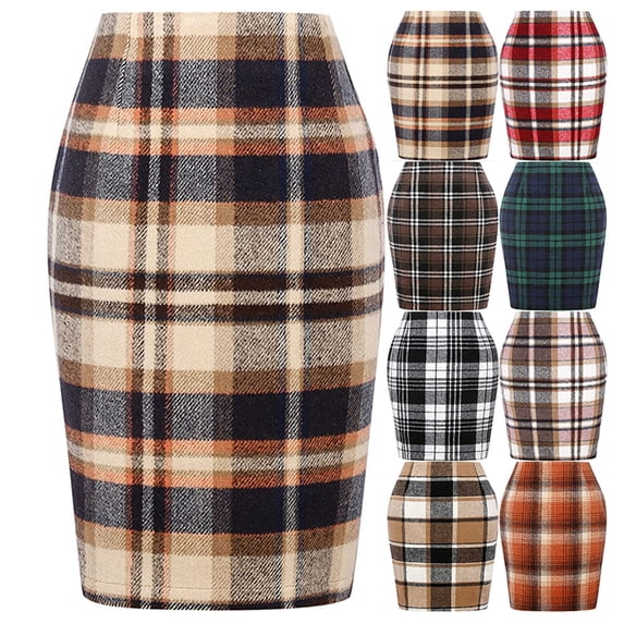 Qwertyu Midi Plaid Skirts for Women 2025 Fall Winter Knee Length Pencil ...