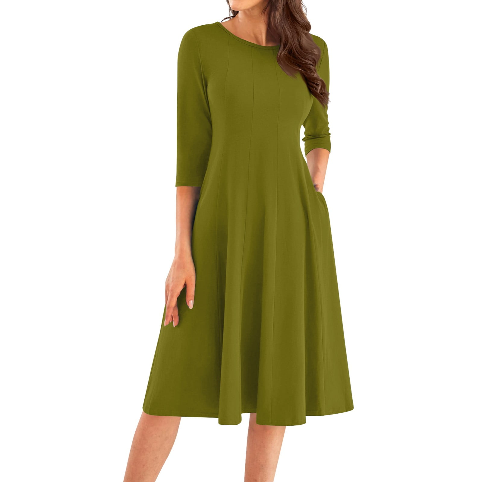 Qwertyu Plus Size 3/4 Sleeve Fall Dress for Women Crewneck Solid Color ...