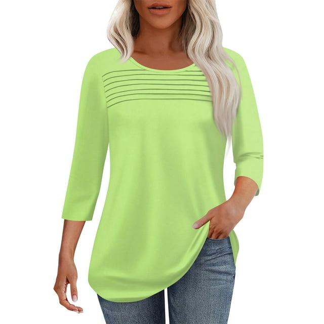Qwertyu Plus Size 34 Sleeve Tops For Women Curved Hem Crewneck T