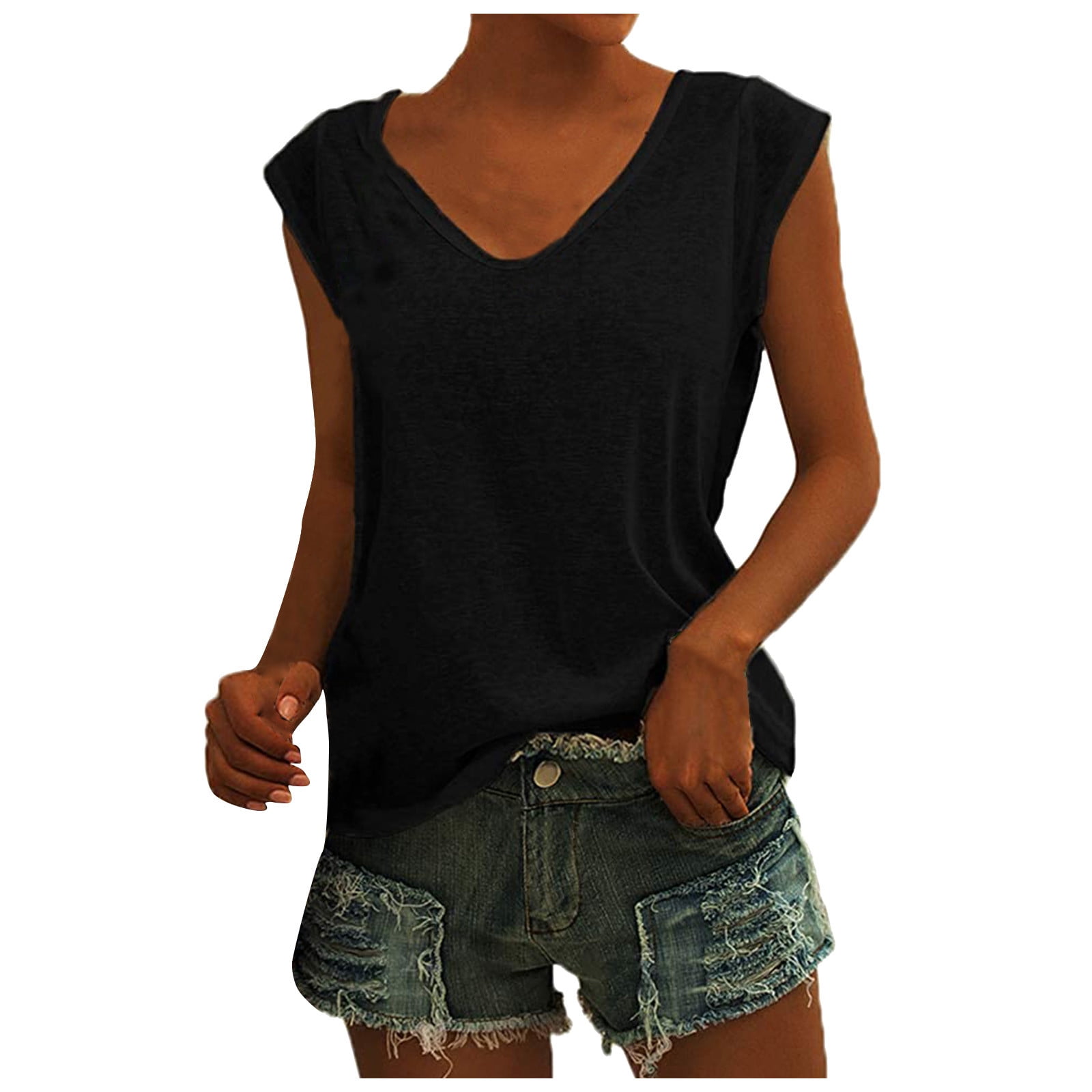 Qwertyu Tank Top for Women Solid Color V Neck Sleeveless Causal Sexy ...