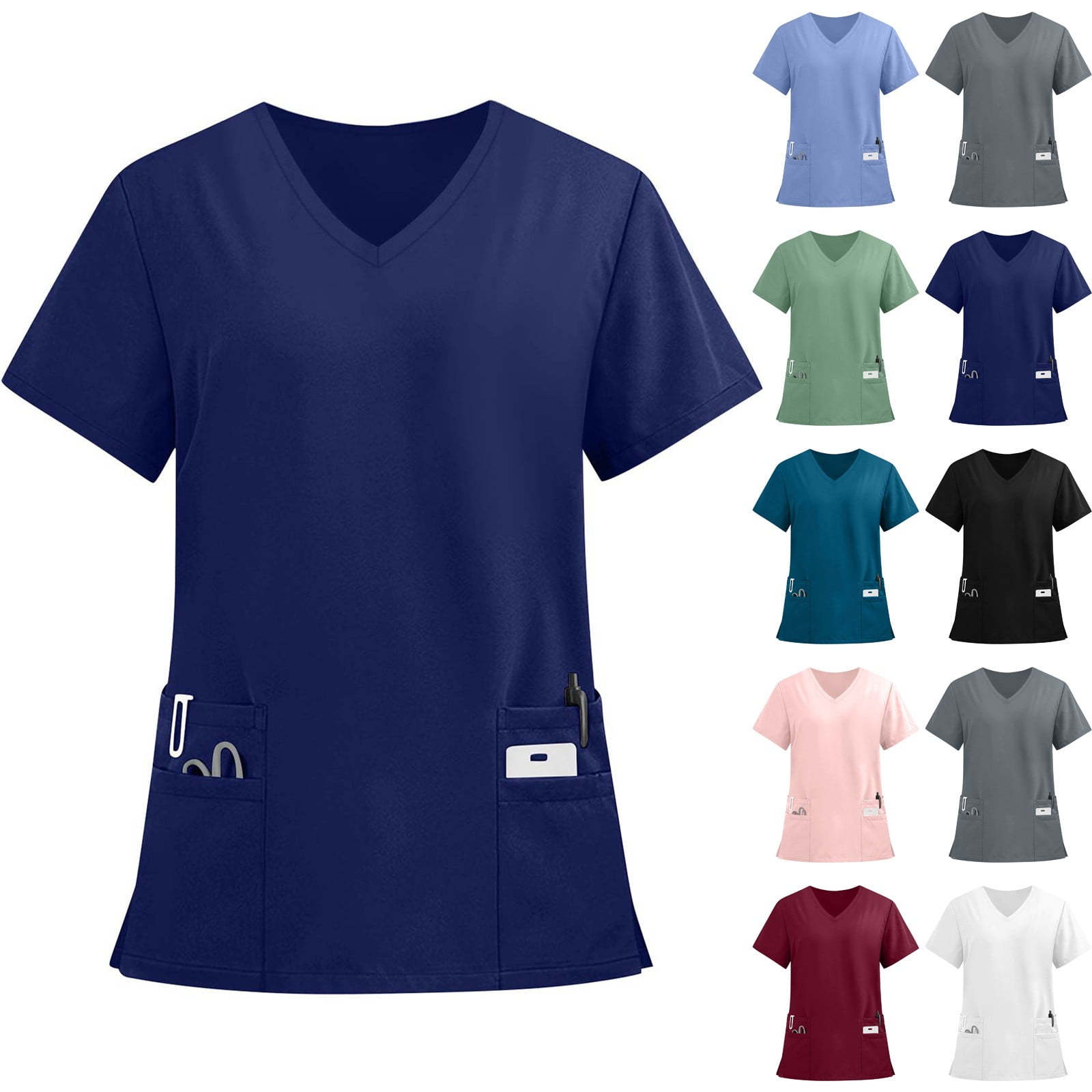 Qwertyu Scrub Tops Women Stretch Solid Casual Nursing Top V-Neck Short ...