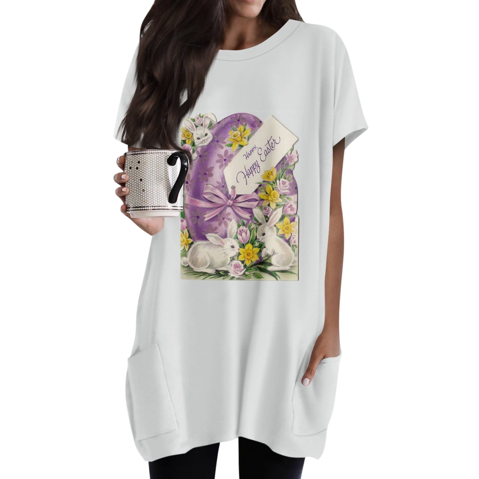 Qwertyu Shirts Women with Pockets Bunny Egg Summer Tees for Women Crew ...