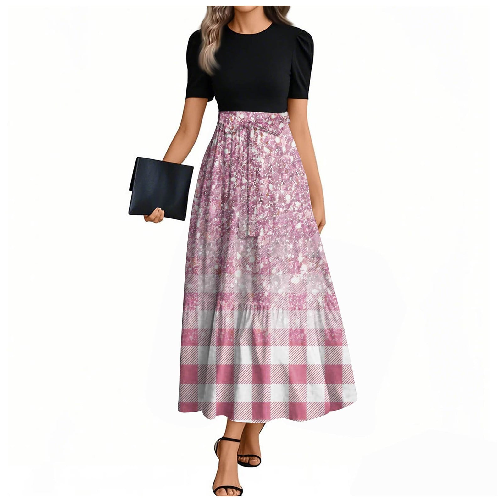 Qwertyu Summer Dresses for Women 2025 Casual Short Sleeve Maxi Dresses with Belt Boho Flowy ...