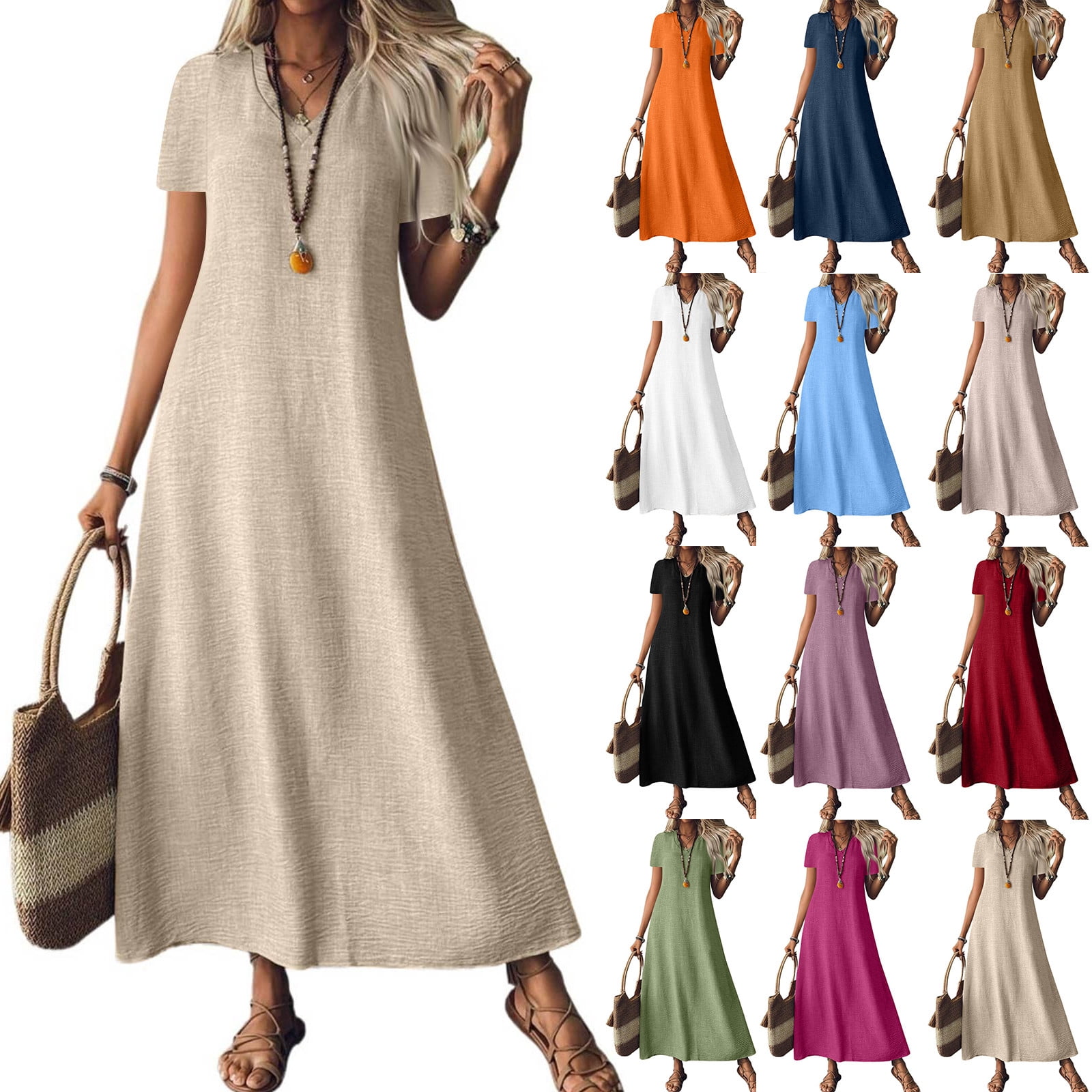 Qwertyu Cotton Dress for Womens Linen Maxi Dress V Neck Flowy Short ...