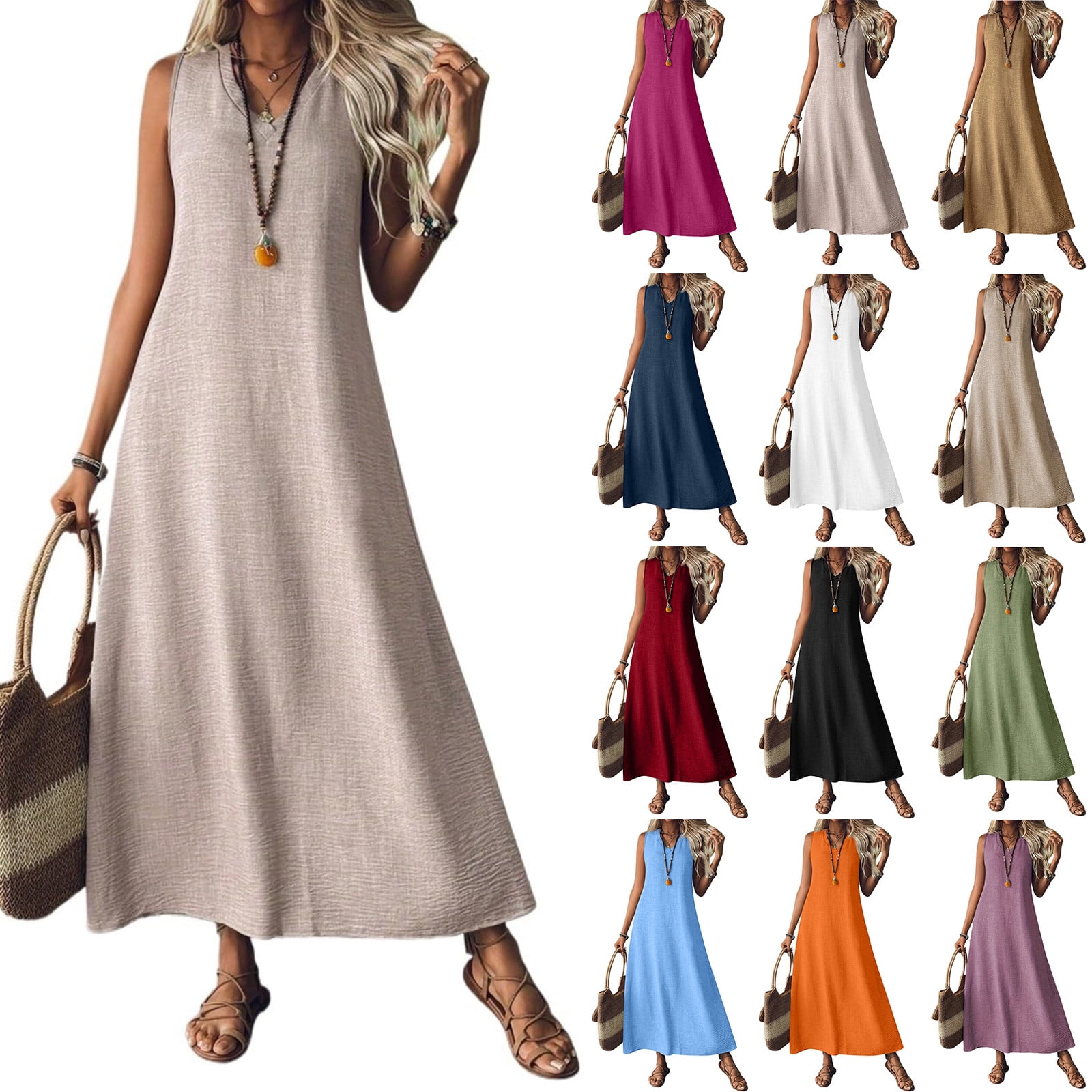 Qwertyu Summer Dresses for Women 2025 Cotton Linen Maxi Dress Casual Sleeveless Solid Long ...