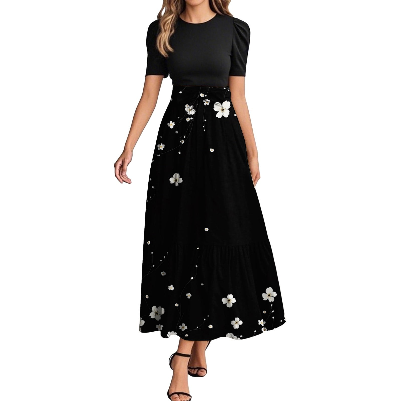 Qwertyu Summer Dresses for Women 2025 Elegant Floral Maxi Dress with Short Sleeve Boho A Line ...