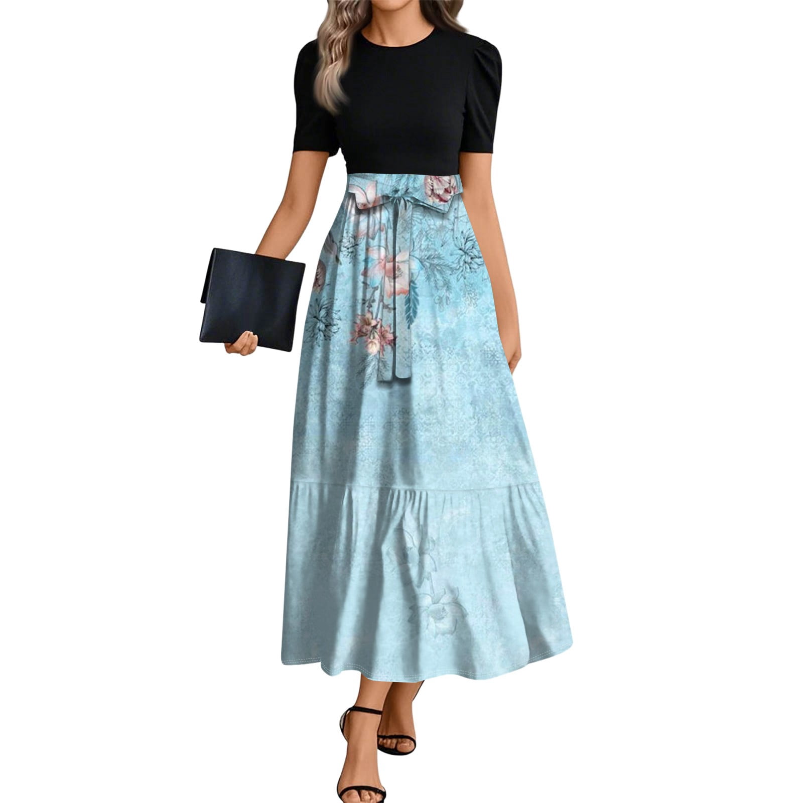 Qwertyu Summer Dresses for Women 2025 Floral Maxi Dress Short Sleeve ...