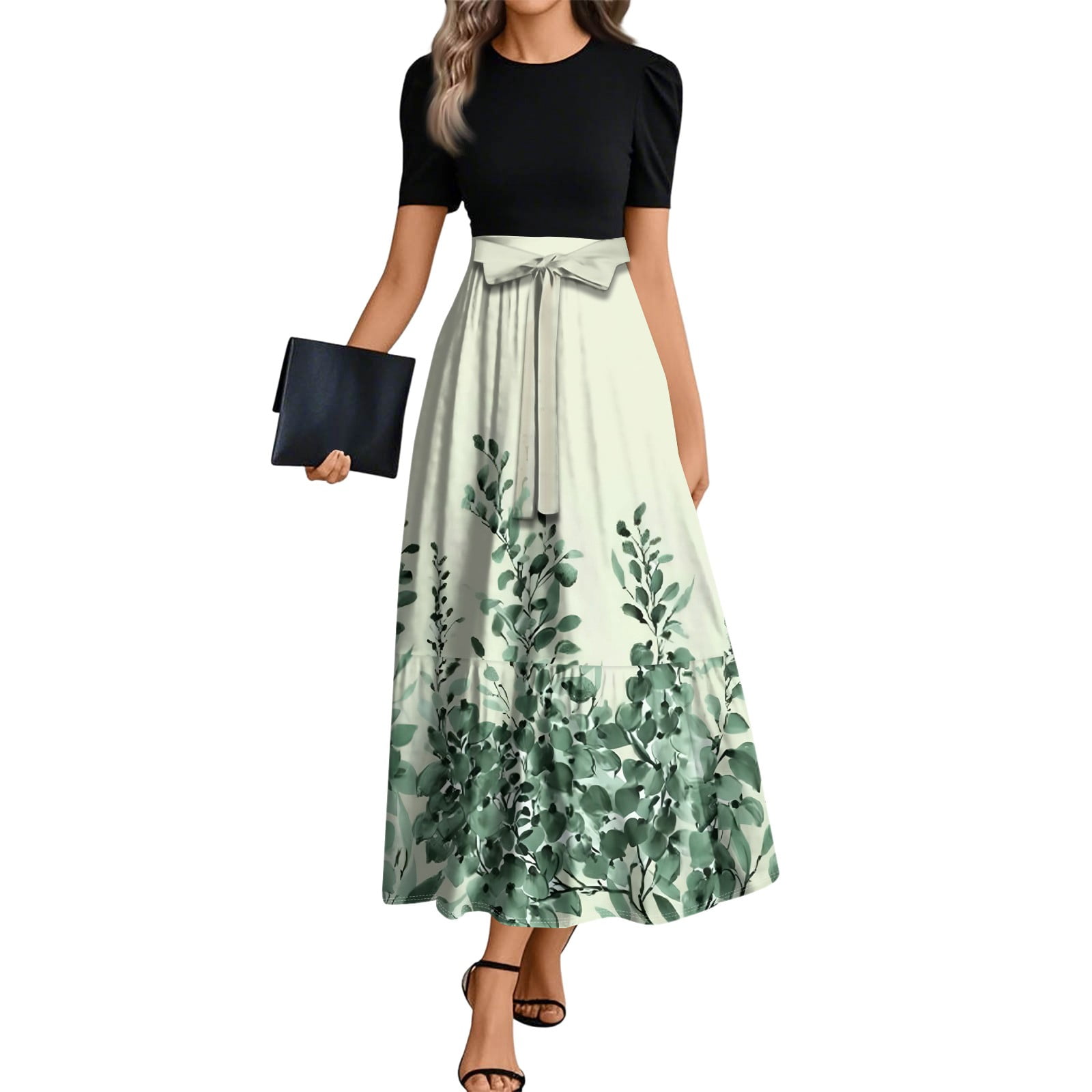 Qwertyu Summer Dresses for Women 2025 Floral Maxi Dress Short Sleeve ...