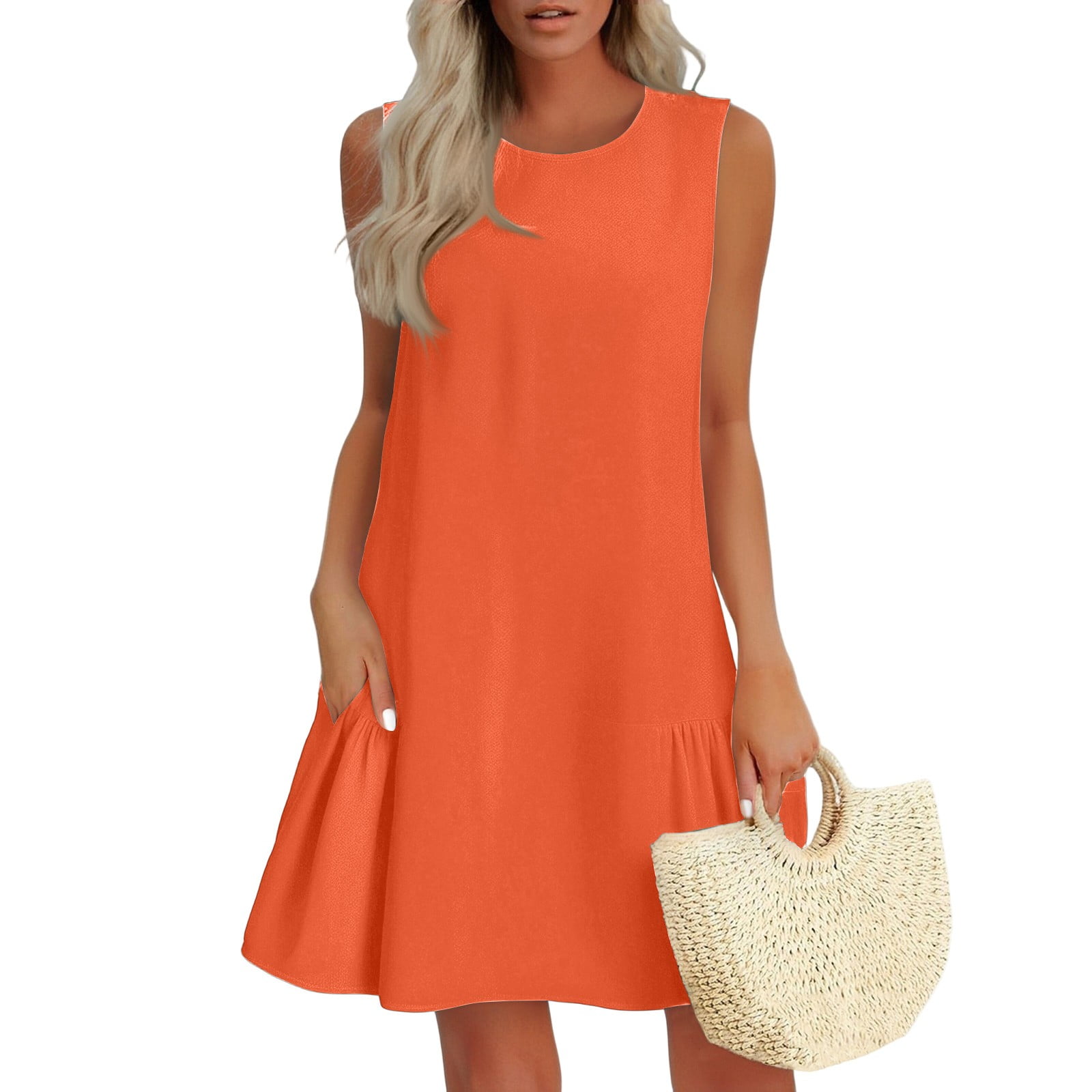 Qwertyu Summer Dresses for Women 2025 Loose Beach Vacation Casual Crew Neck Sleeveless ...