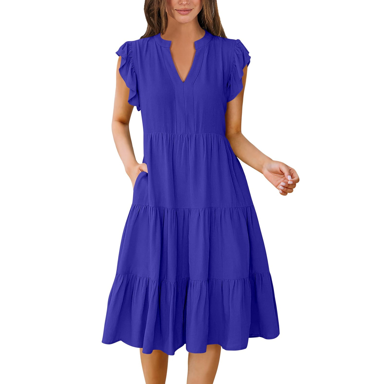 Qwertyu Summer Dresses for Women 2025 Ruffle Sleeve V Neck Midi Dresses ...