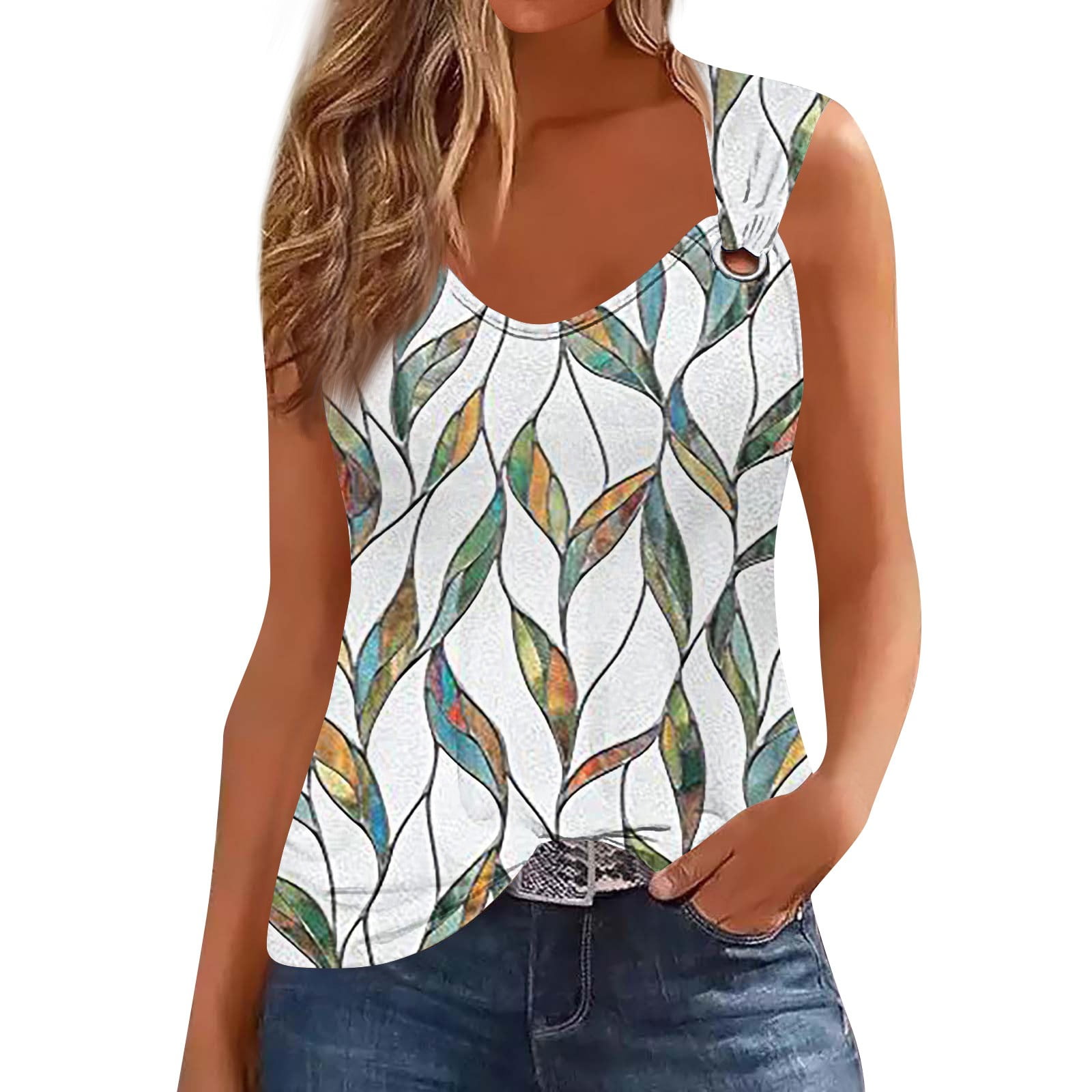Qwertyu Summer Tank Tops For Women 2024 Sleeveless V Neck Color Block Tshirt Loose Fit Casual