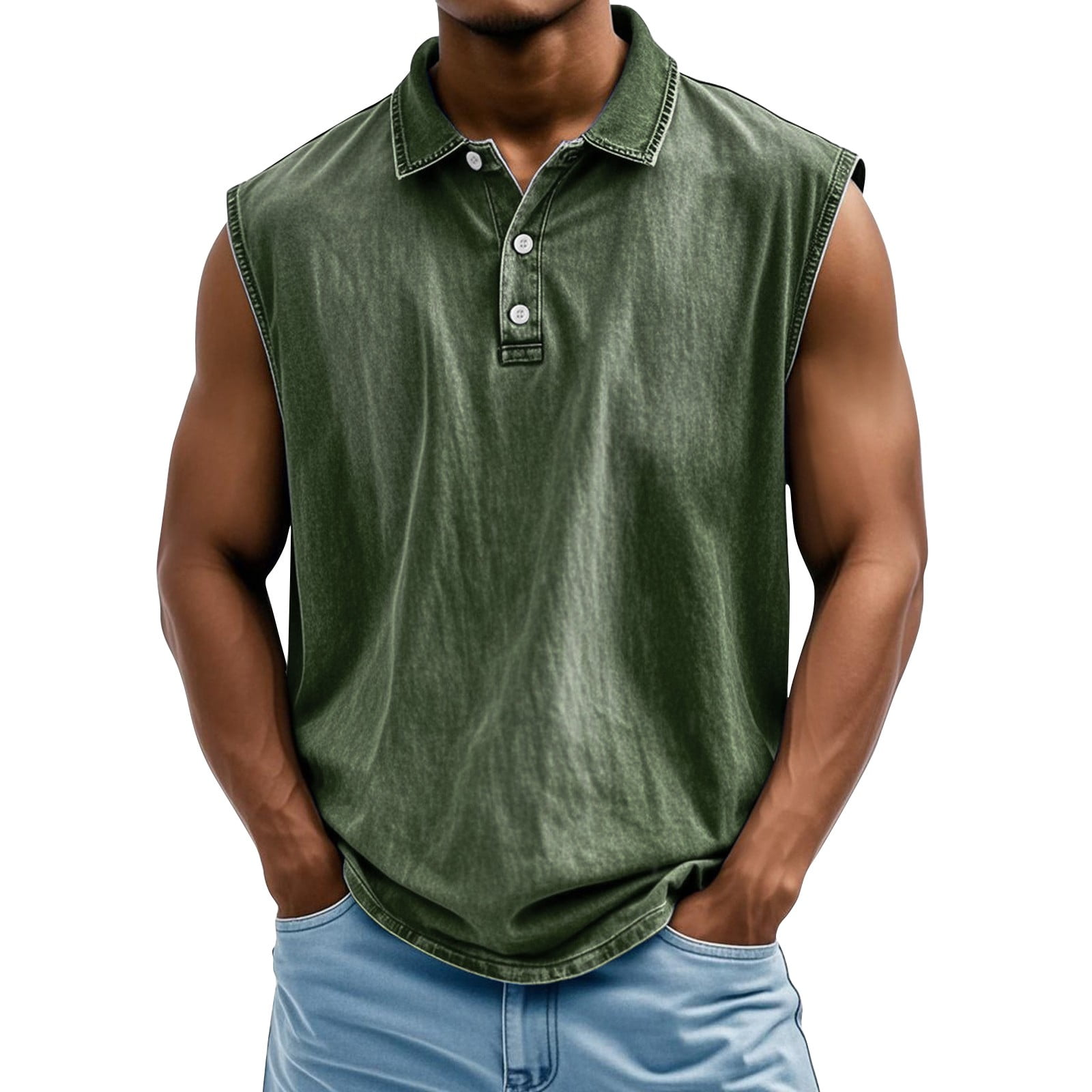 Qwertyu Summer Tops 2025 Men's Polo Shirt Sleeveless Distressed Washed ...