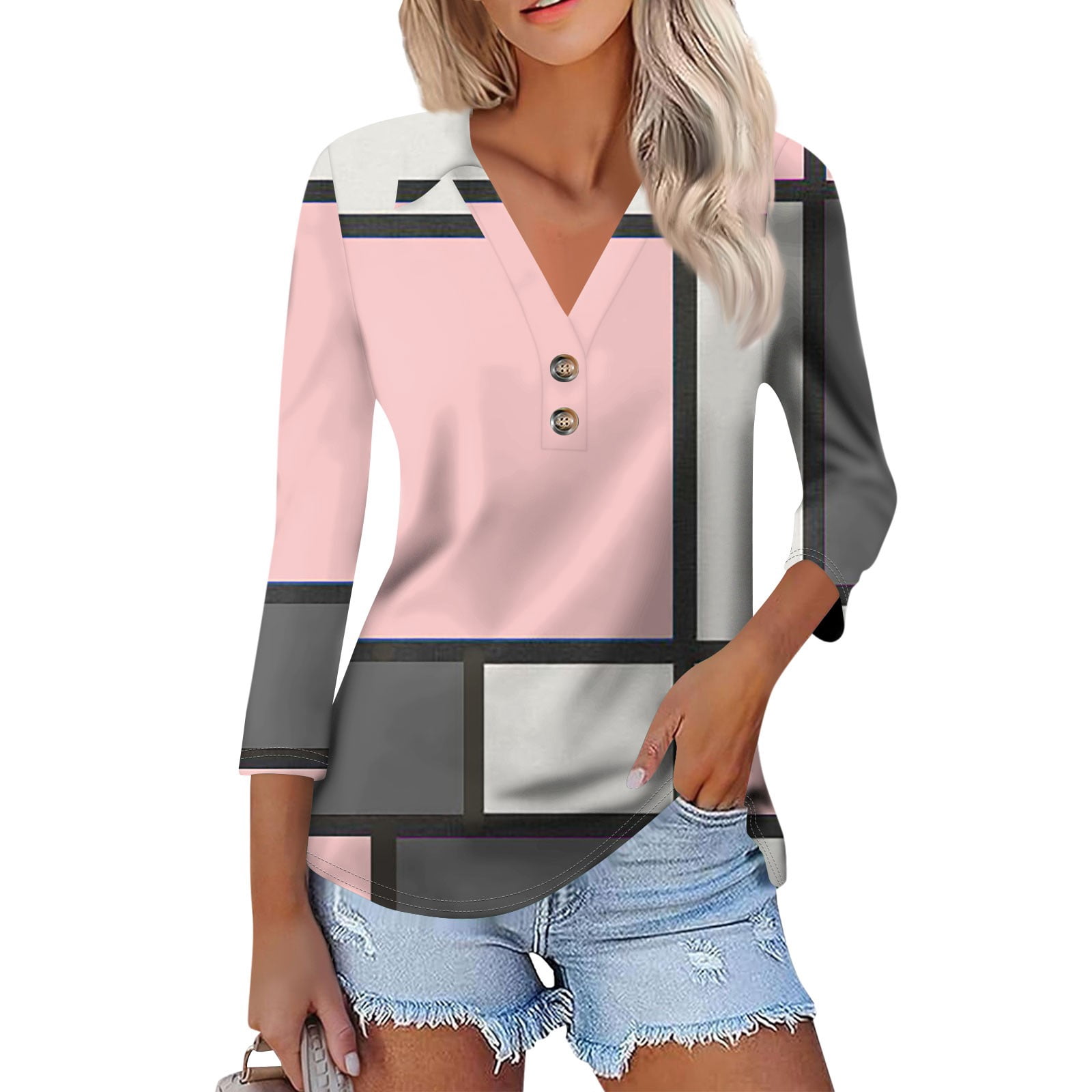 Qwertyu Summer Tops for Women 2024 3/4 Sleeve V Neck Tunics Floral ...