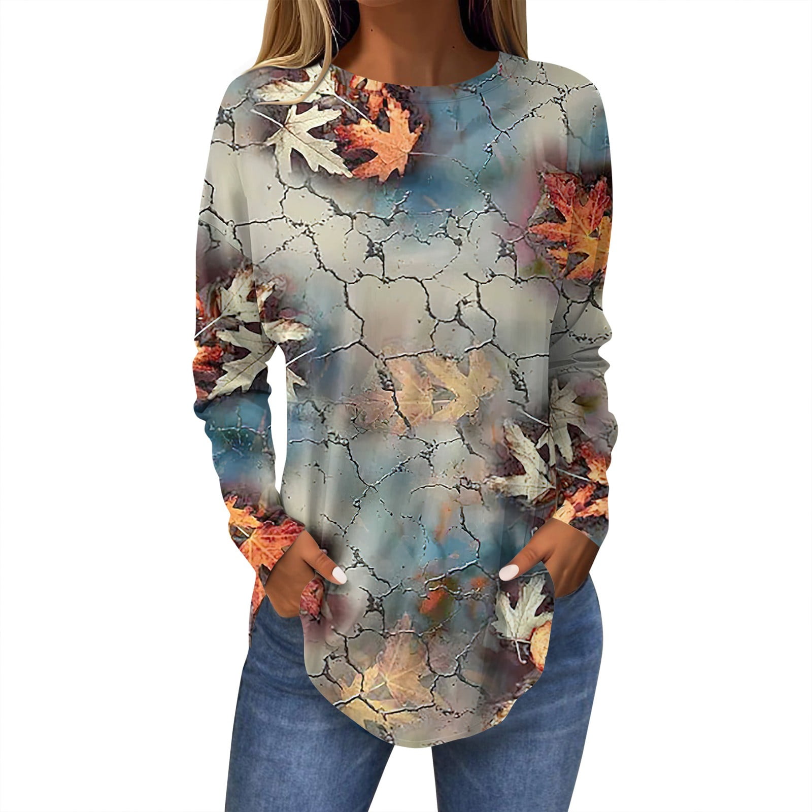 Qwertyu T Shirts for Women Long Sleeve Round Neck Blouse Floral Dressy ...
