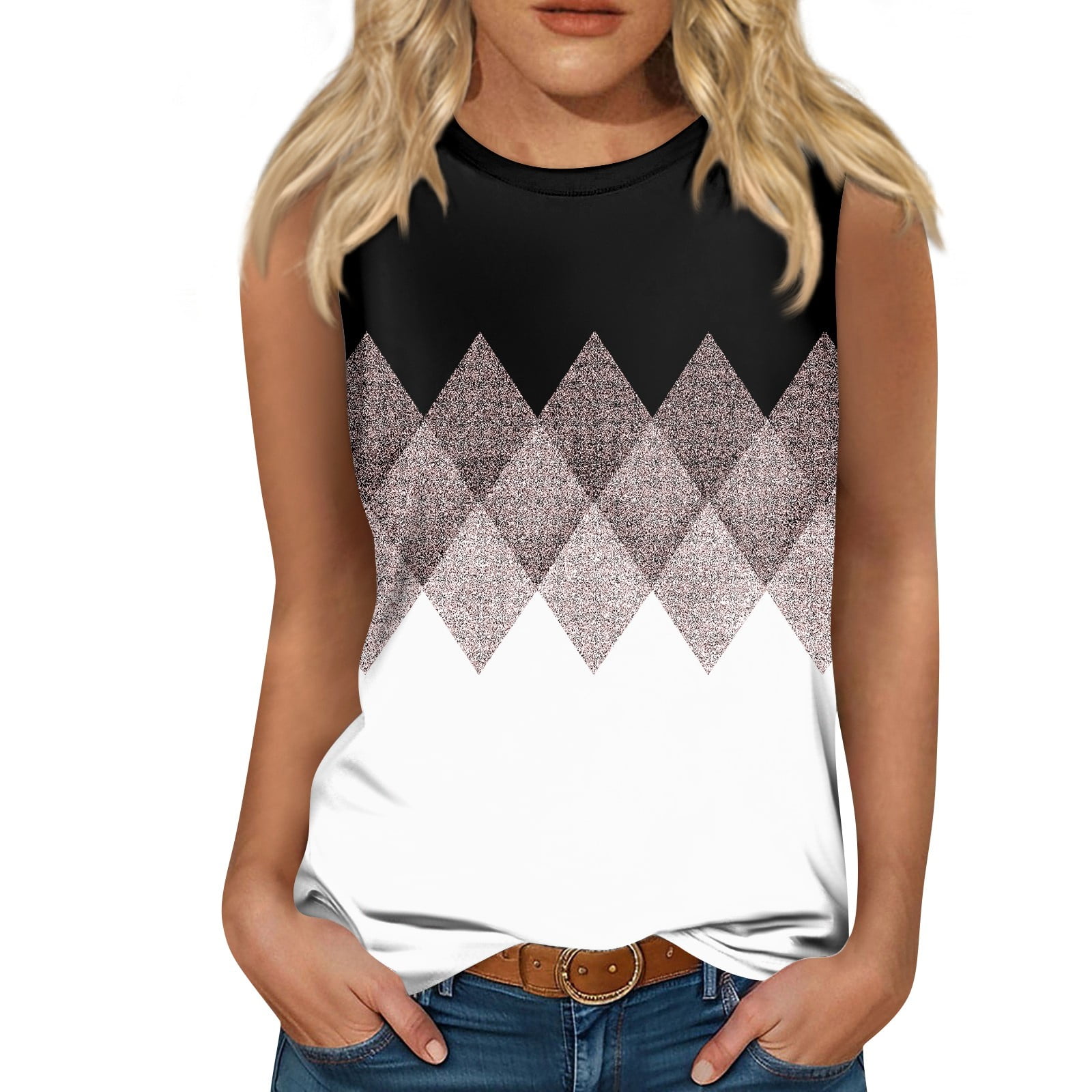 Qwertyu Tank Tops for Women Geometric Print Sleeveless Crew Neck Tee ...