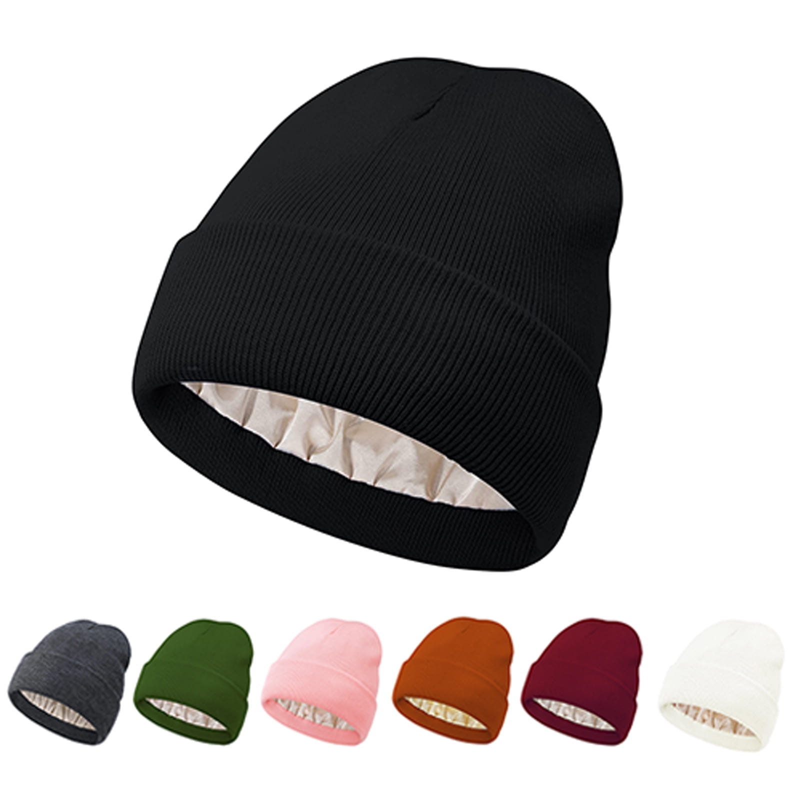 Qwertyu Unisex Satin & Silk Lined Slouchy Warm Winter Hat - Knit Satin ...