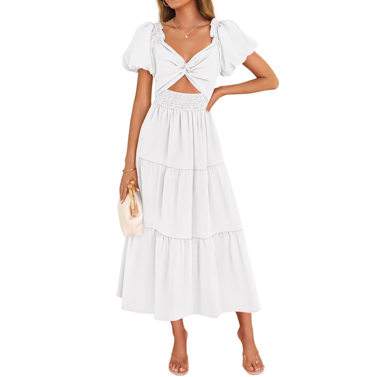 Qwertyu Vacation Dresses for Women 2025 Boho Smocked Dress Short Puff ...