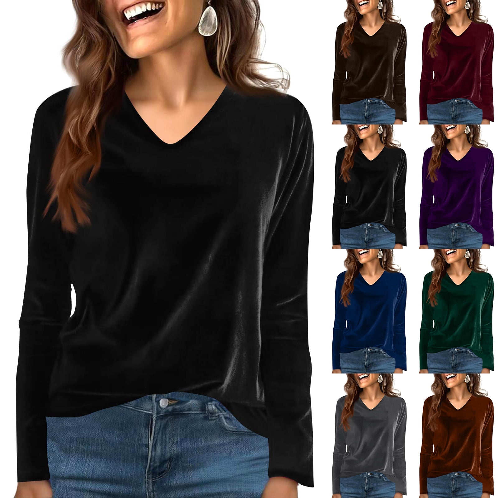 Qwertyu Velvet Velour Tops for Women V Neck Long Sleeve Shirts Ladies ...