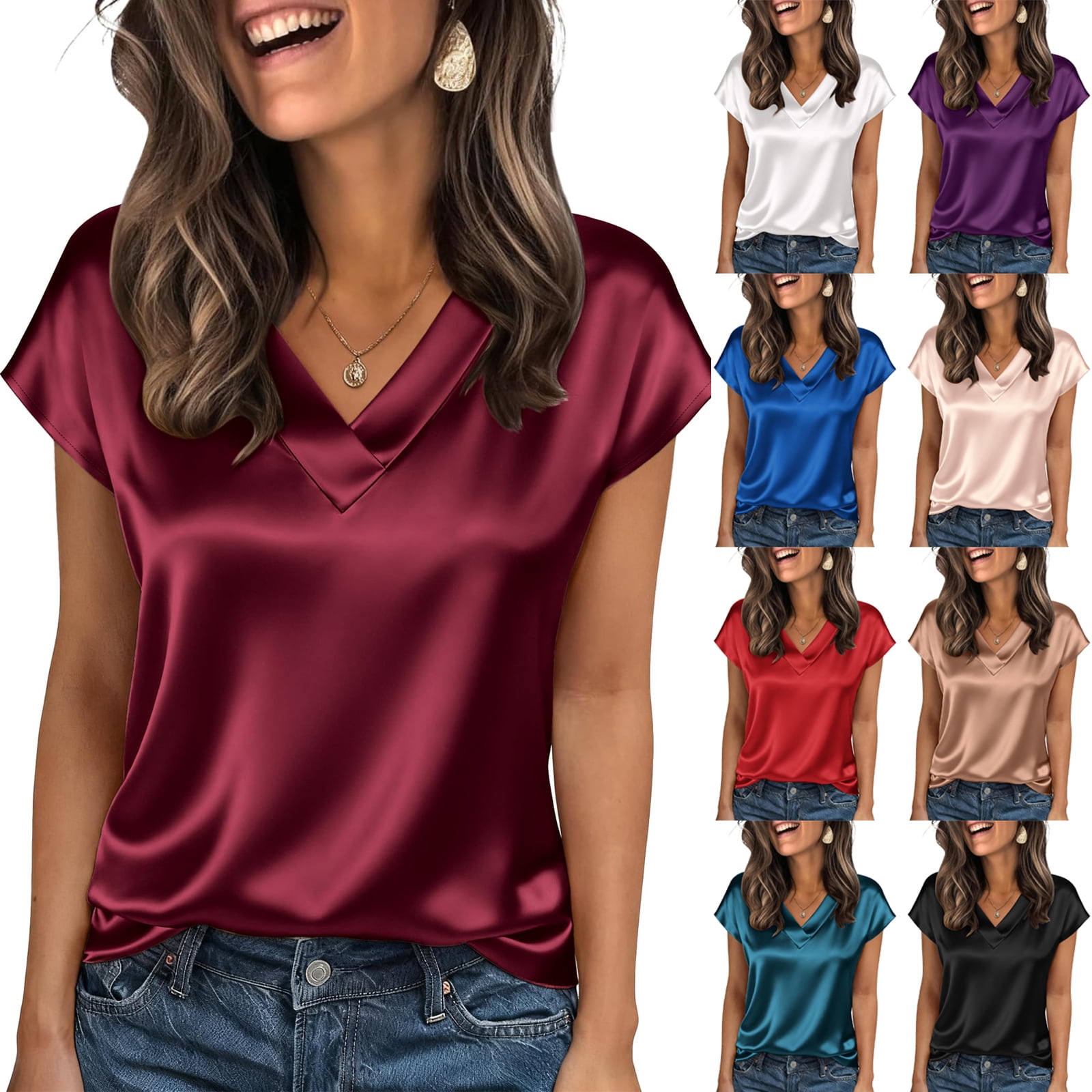 Qwertyu Women Silk Satin Tops Short Sleeve Blouse V Neck Summer ...