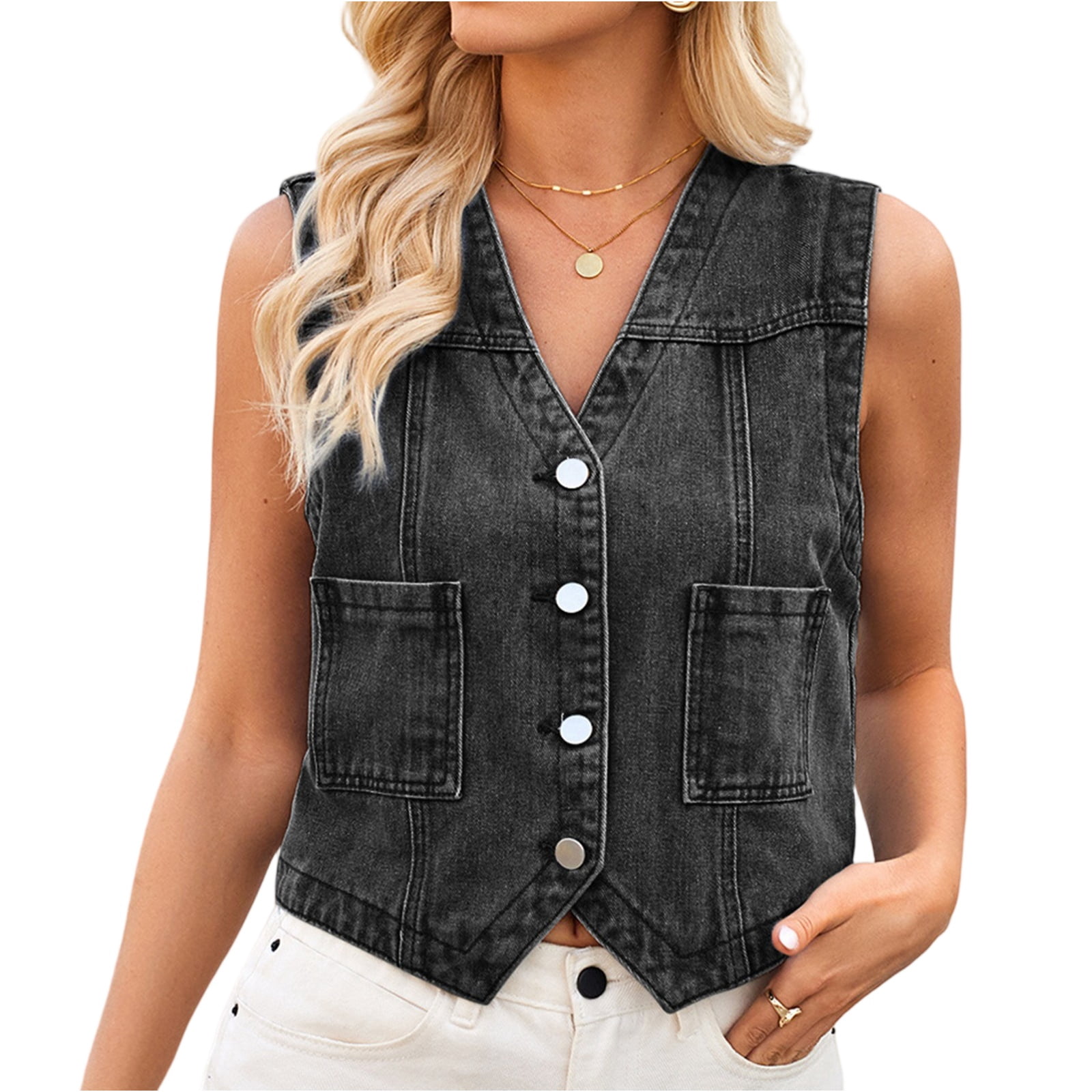 Qwertyu Women's Denim Vest Button Down Sleeveless Jean Vest Top Y2K ...