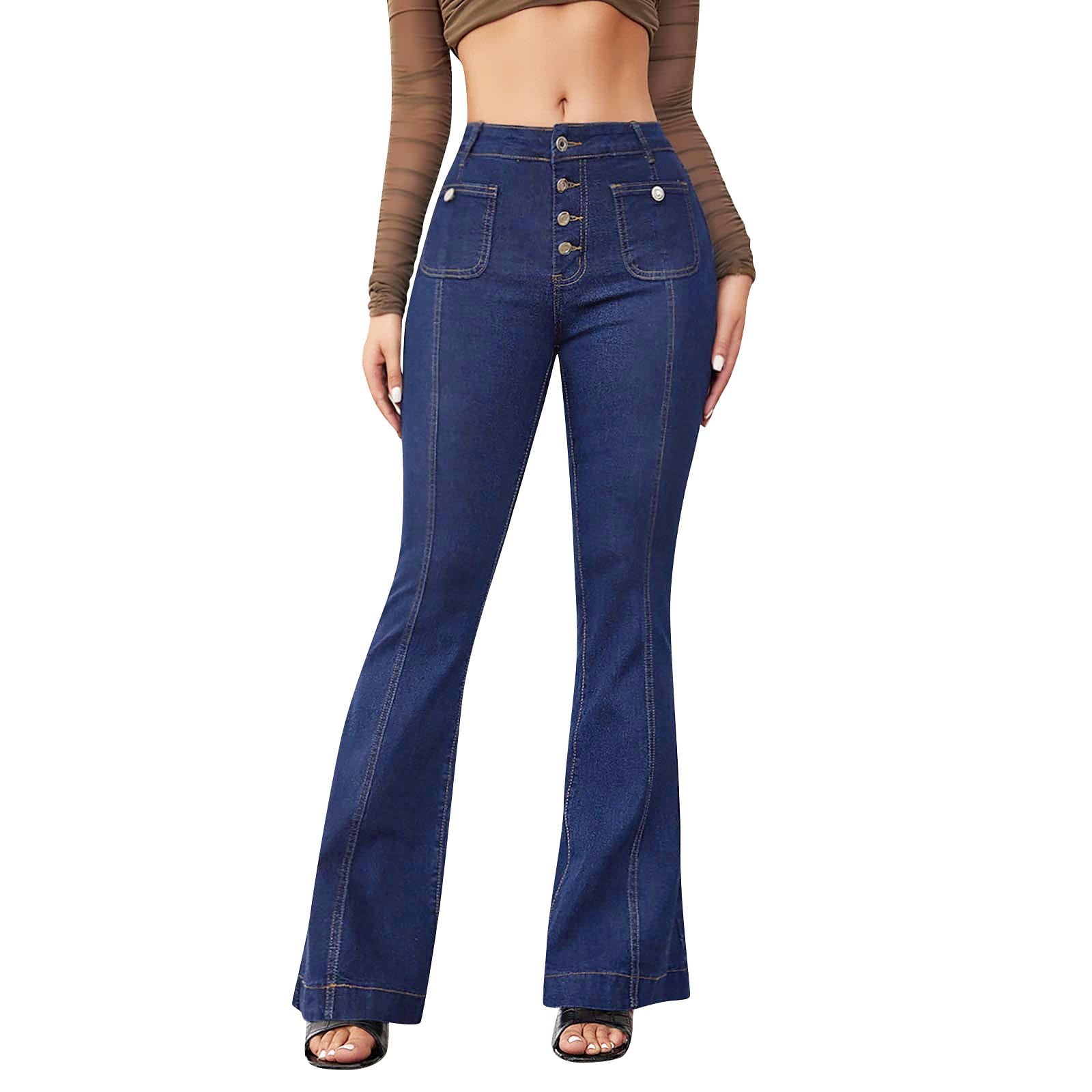 Qwertyu Women's High Waisted Jeans Wide Leg Button Fly Bell Bottoms ...