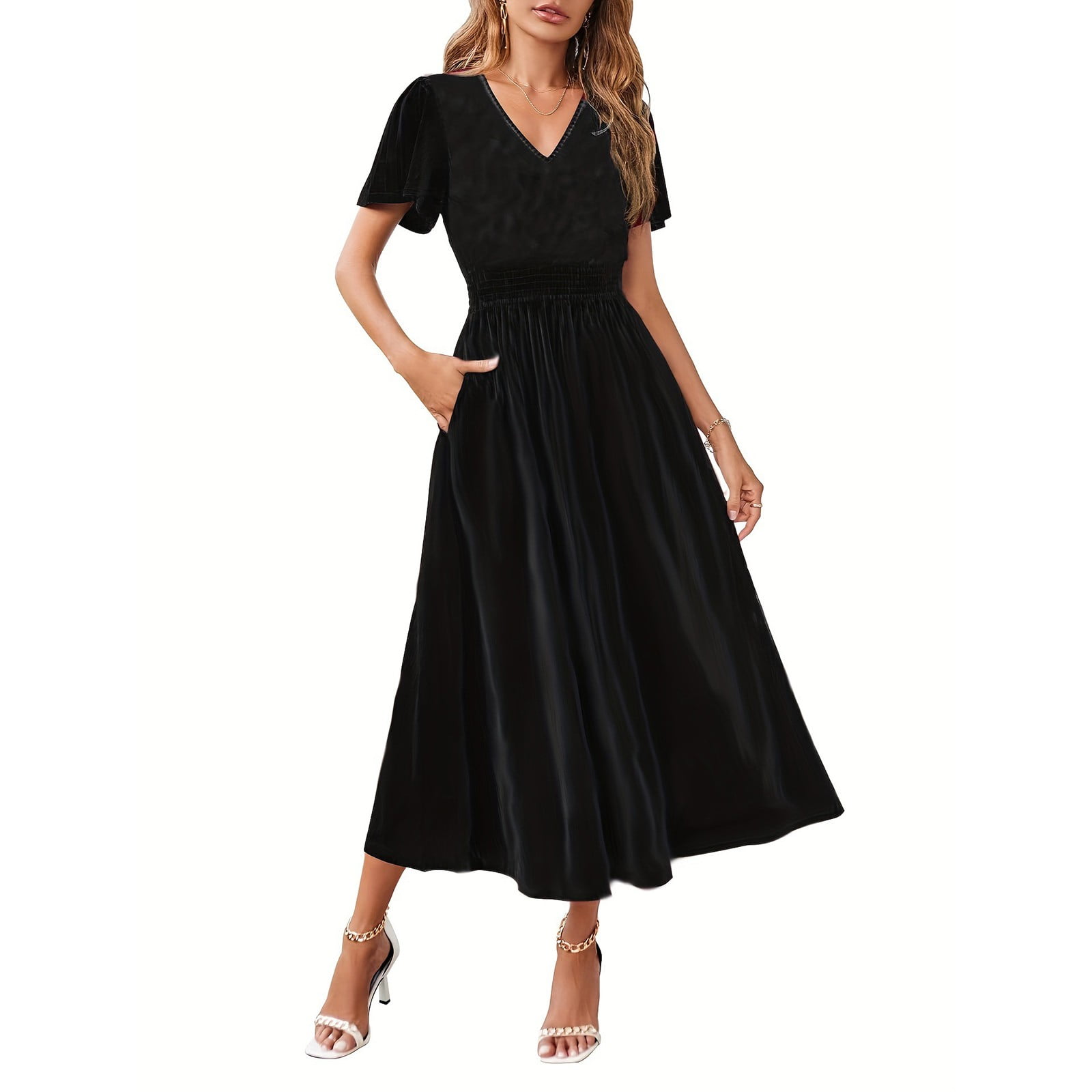 Qwertyu Women’s V Neck Velvet Midi Dress Short Sleeve Empire Waist Long ...