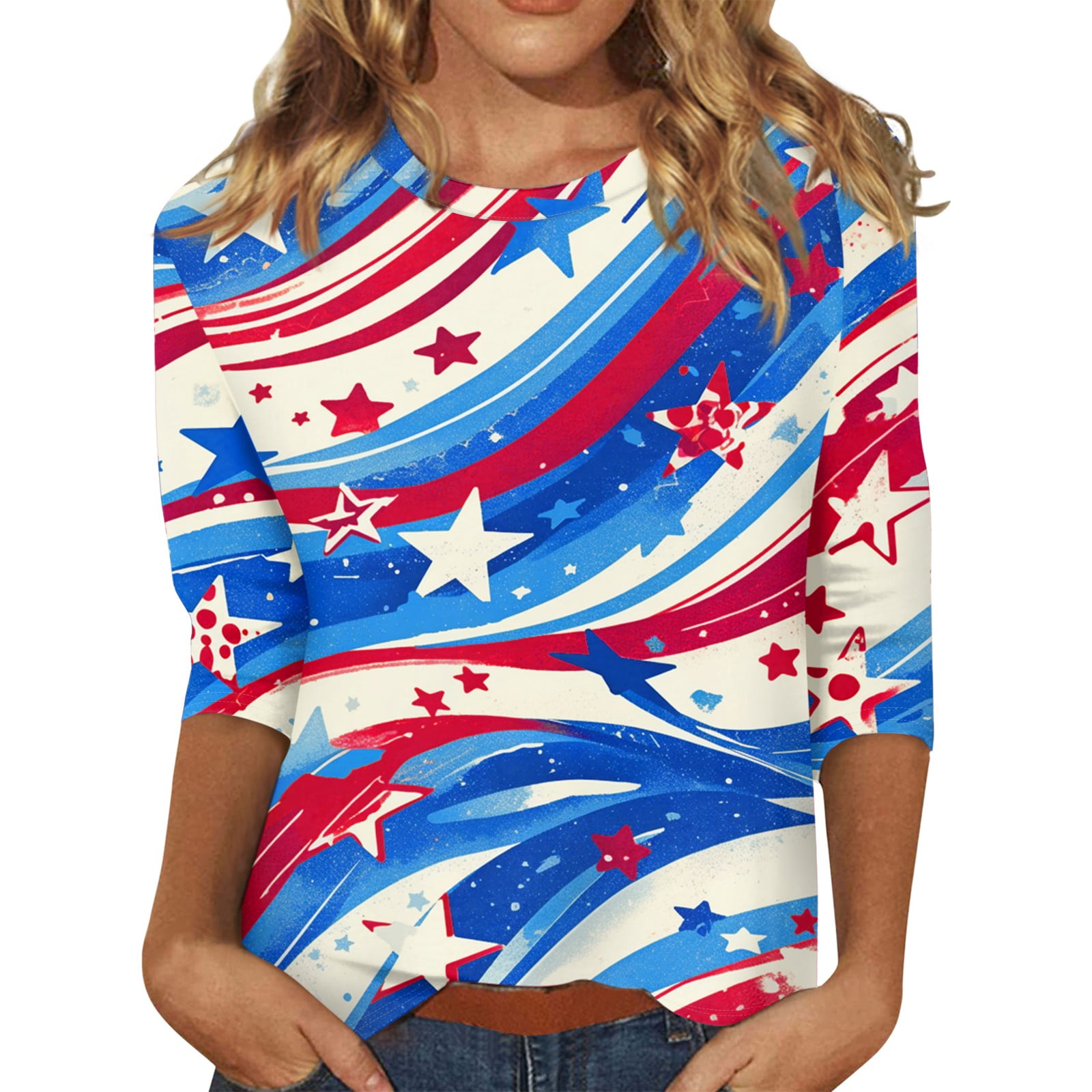 Qwertyu Womens 4th Of July 3/4 Sleeve Shirts Plus Size Independence Day ...