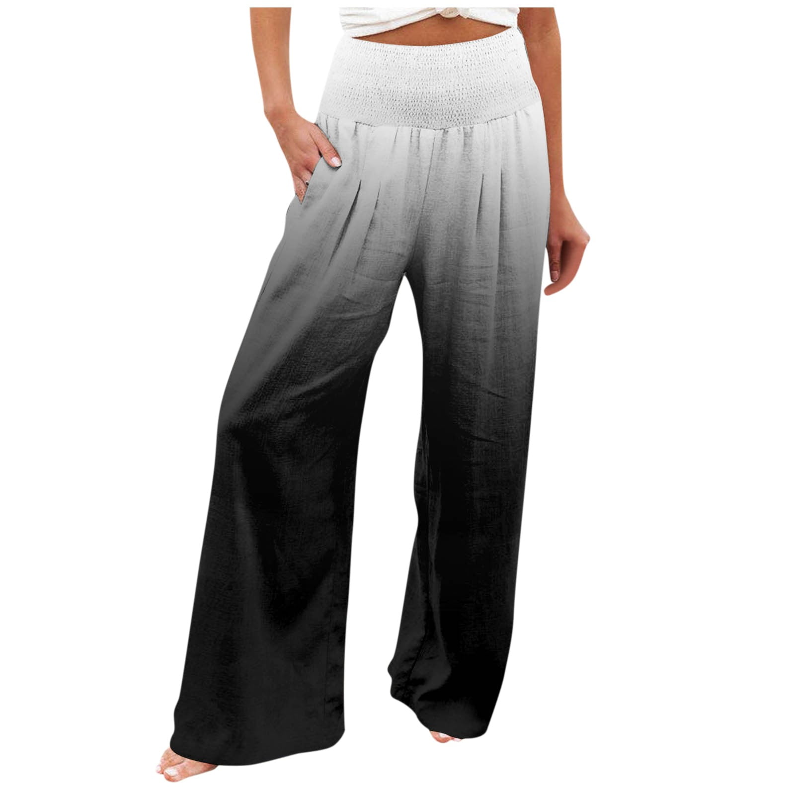 Qwertyu Womens Cotton Linen Pants High Waisted Baggy Palazzo Pants ...
