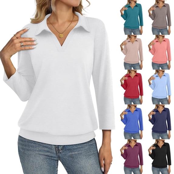 Qwertyu Womens Polo Shirts 3/4 Sleeve Banded Bottom Tops Business ...