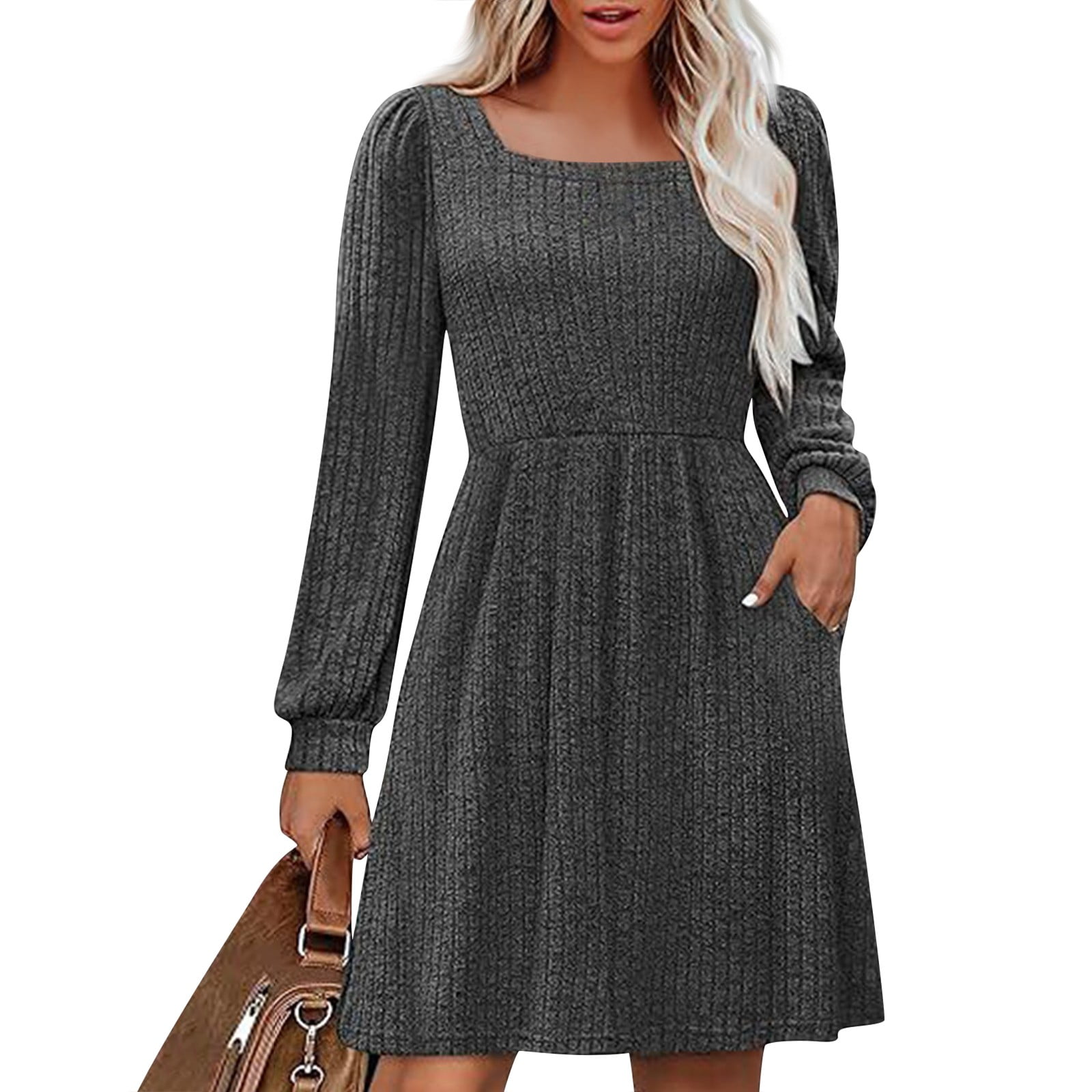 Qwertyu Womens Square Neck Long Sleeve Sweater Dress Casual Babydoll ...