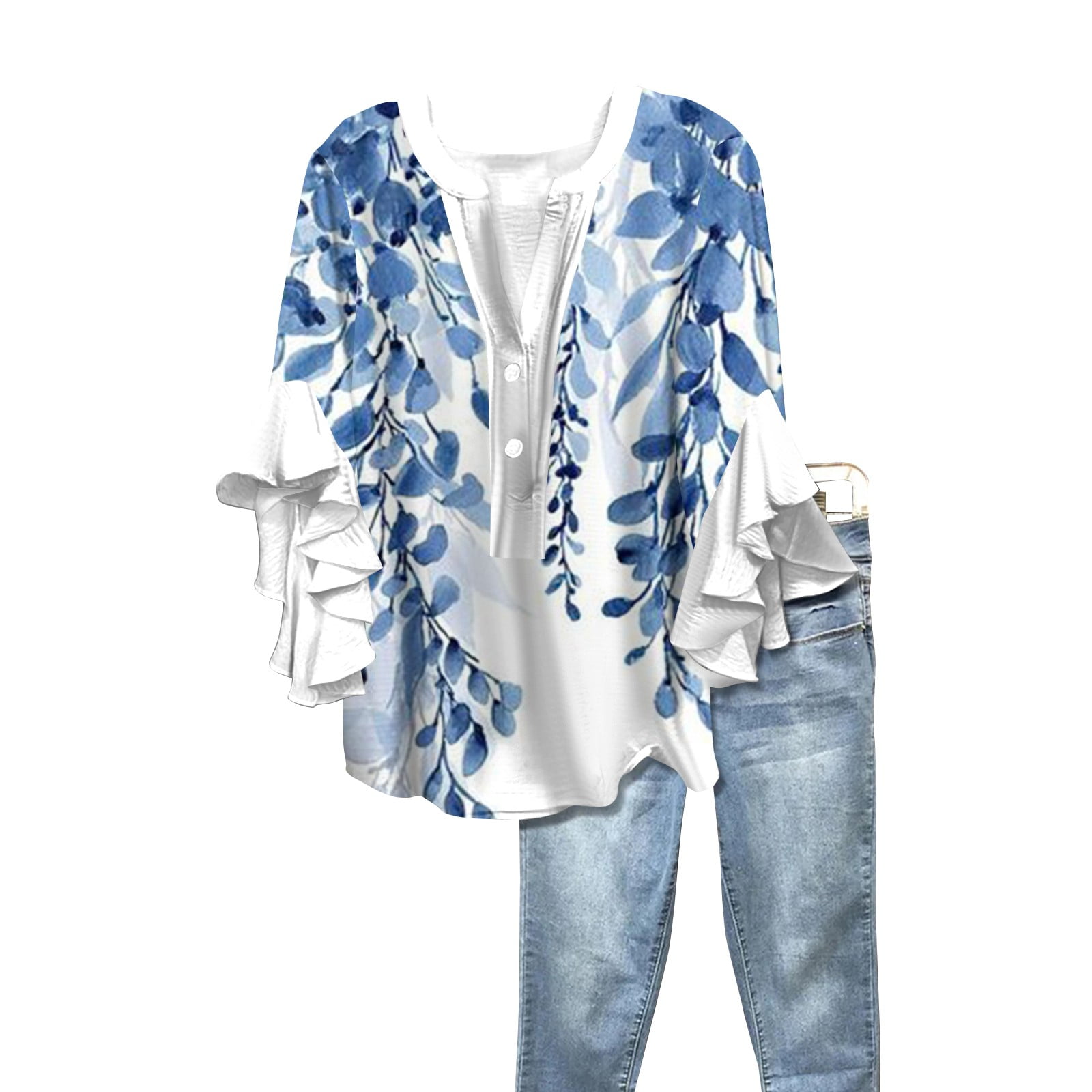 Qwertyu Womens Tops 3/4 Length Sleeves Floral Shirts Flowy Ruffle ...