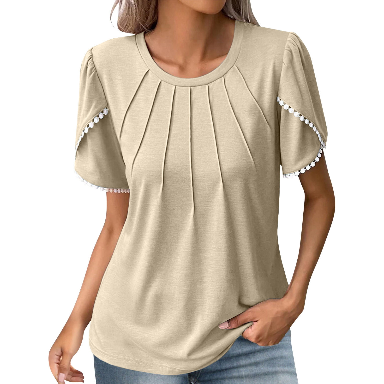 Qwertyu Womens Tops Plus Size Summer Sexy Pleated Short Sleeve Spliced