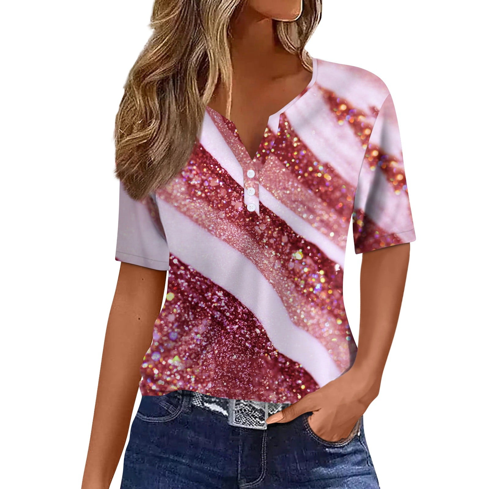 Qwertyu Womens Tops Short Sleeve Henley Button Down T Shirts Marble ...