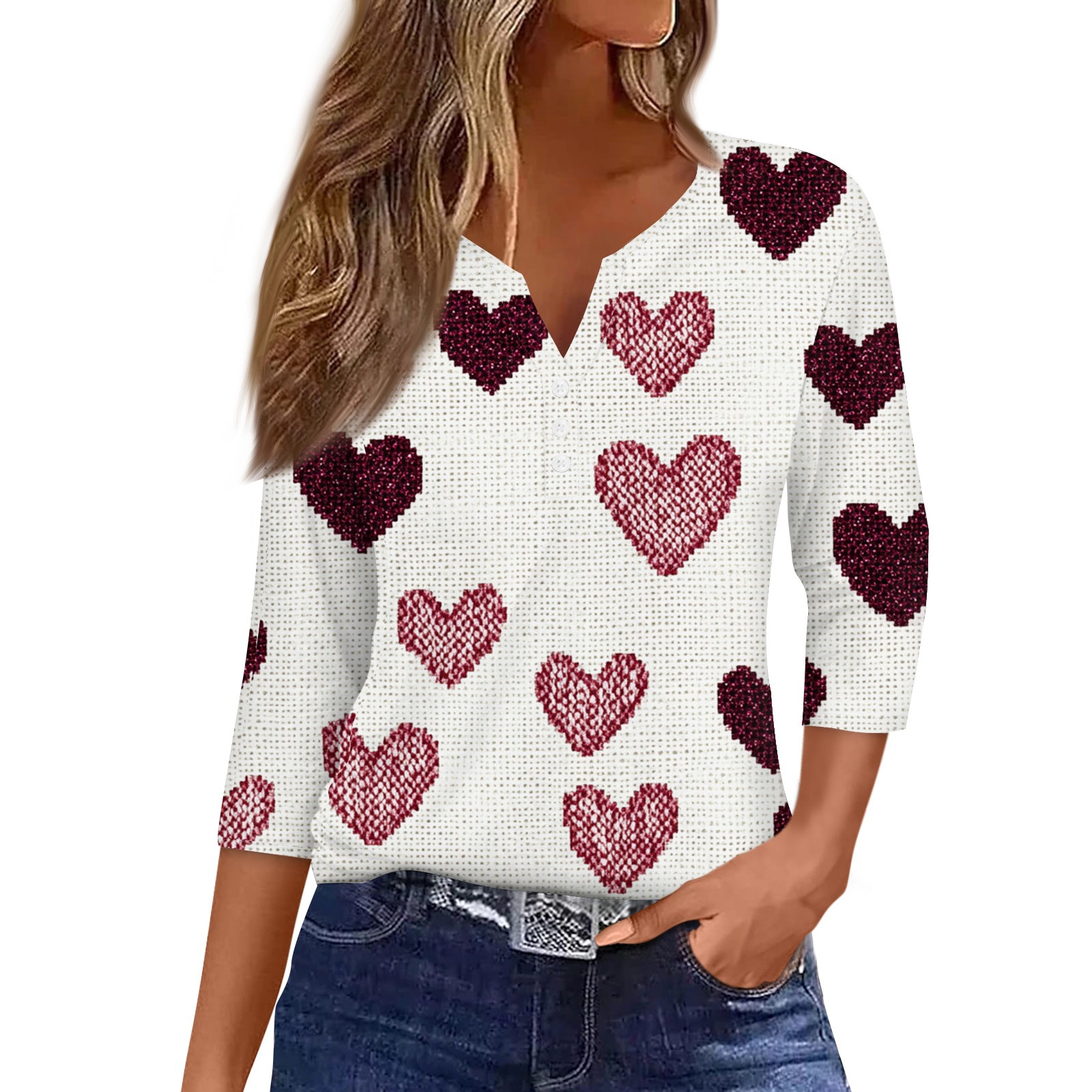 Qwertyu Womens Valentine Tops Love Heart Print 3/4 Sleeve Dressy Casual ...