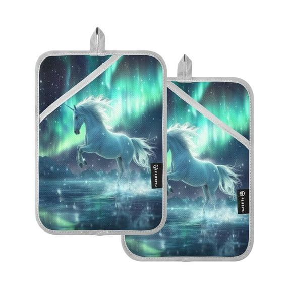 Qxltty Aurora White Horse Pattern Oven Mitts 2-Pack Heat Resistant ...