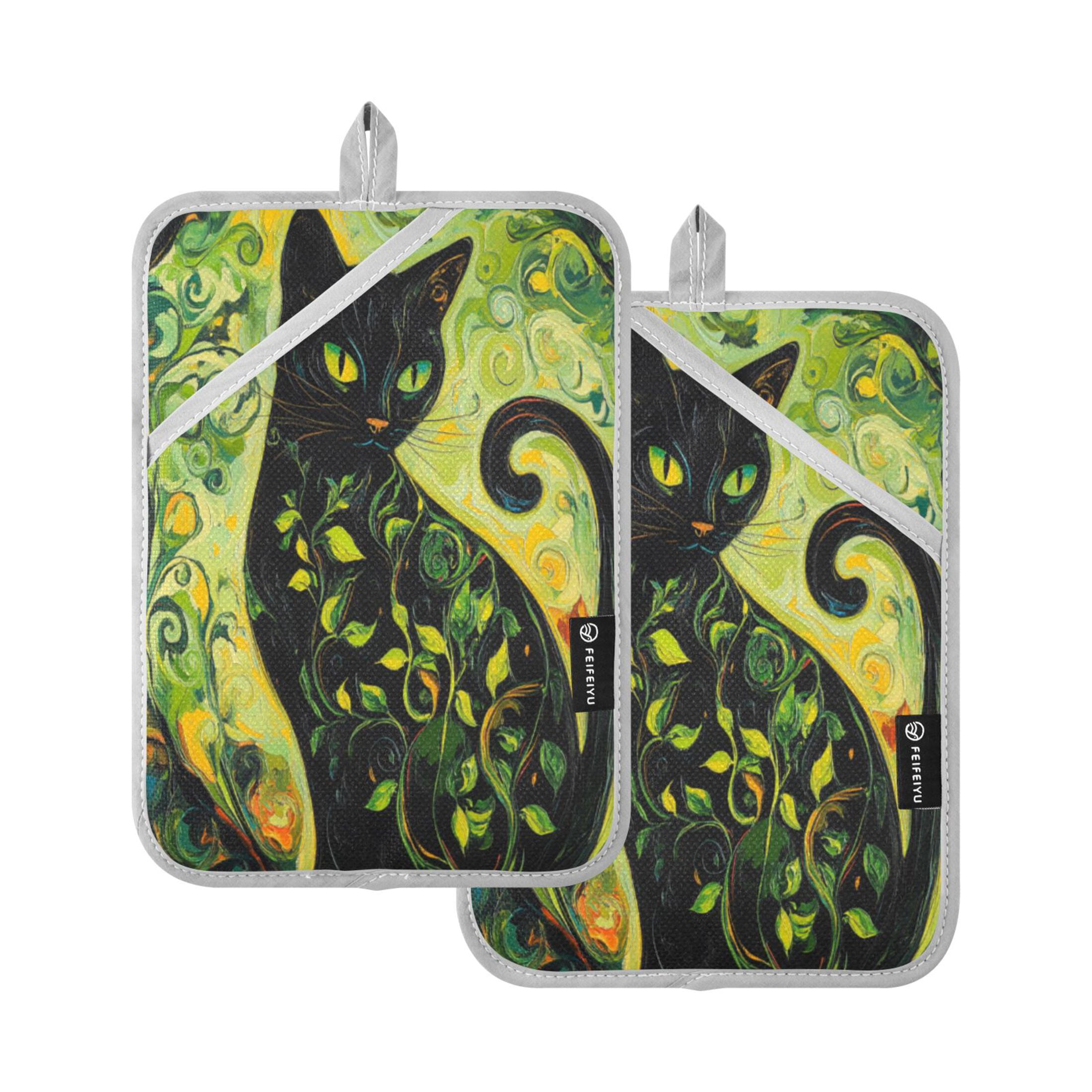 Qxltty Black Cat with Vines Oven Mitts 2-Pack Heat Resistant Quilted ...