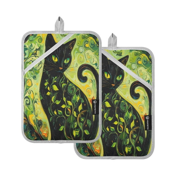 Qxltty Black Cat with Vines Oven Mitts 2-Pack Heat Resistant Quilted ...