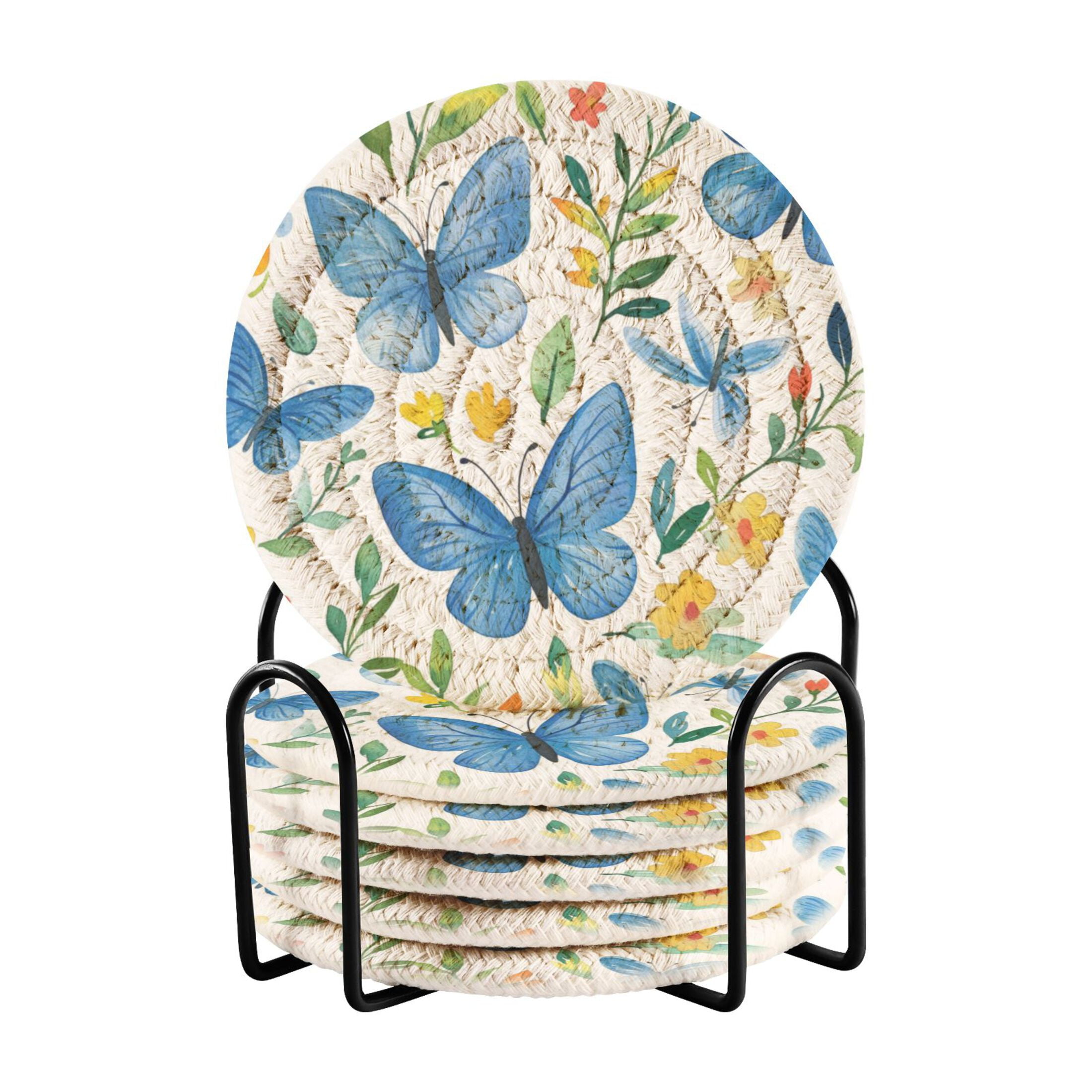 Qxltty Blue Butterfly Drink Coasters with Holder 6pcs Handmade Woven ...