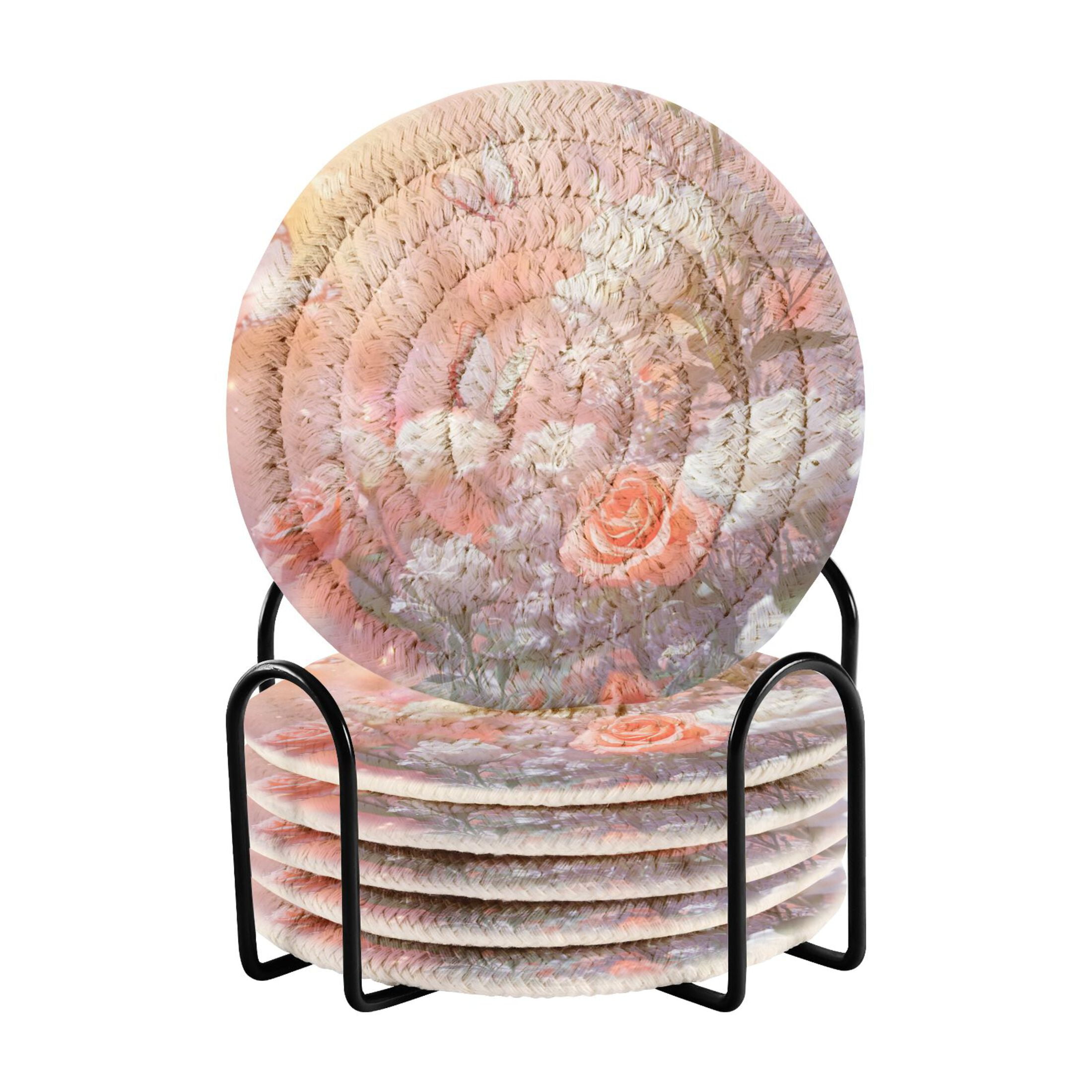 Qxltty Butterfly Gardens Drink Coasters with Holder 6pcs Handmade Woven ...