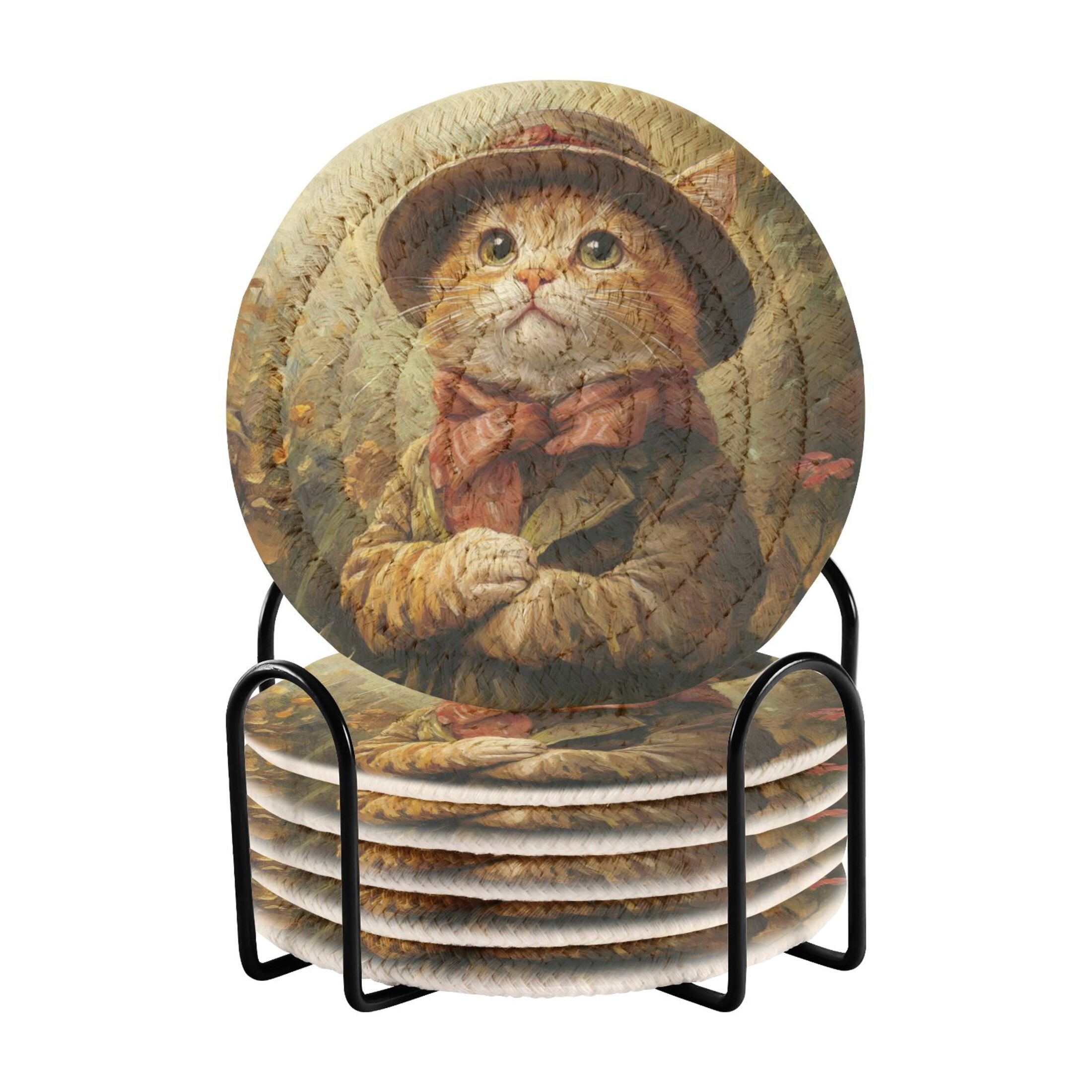 Qxltty Cat in An Army Coat Drink Coasters with Holder 6pcs Handmade ...