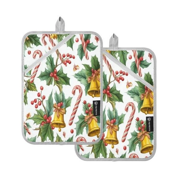 Qxltty Christmas Bells Pattern Oven Mitts 2-Pack Heat Resistant Quilted ...