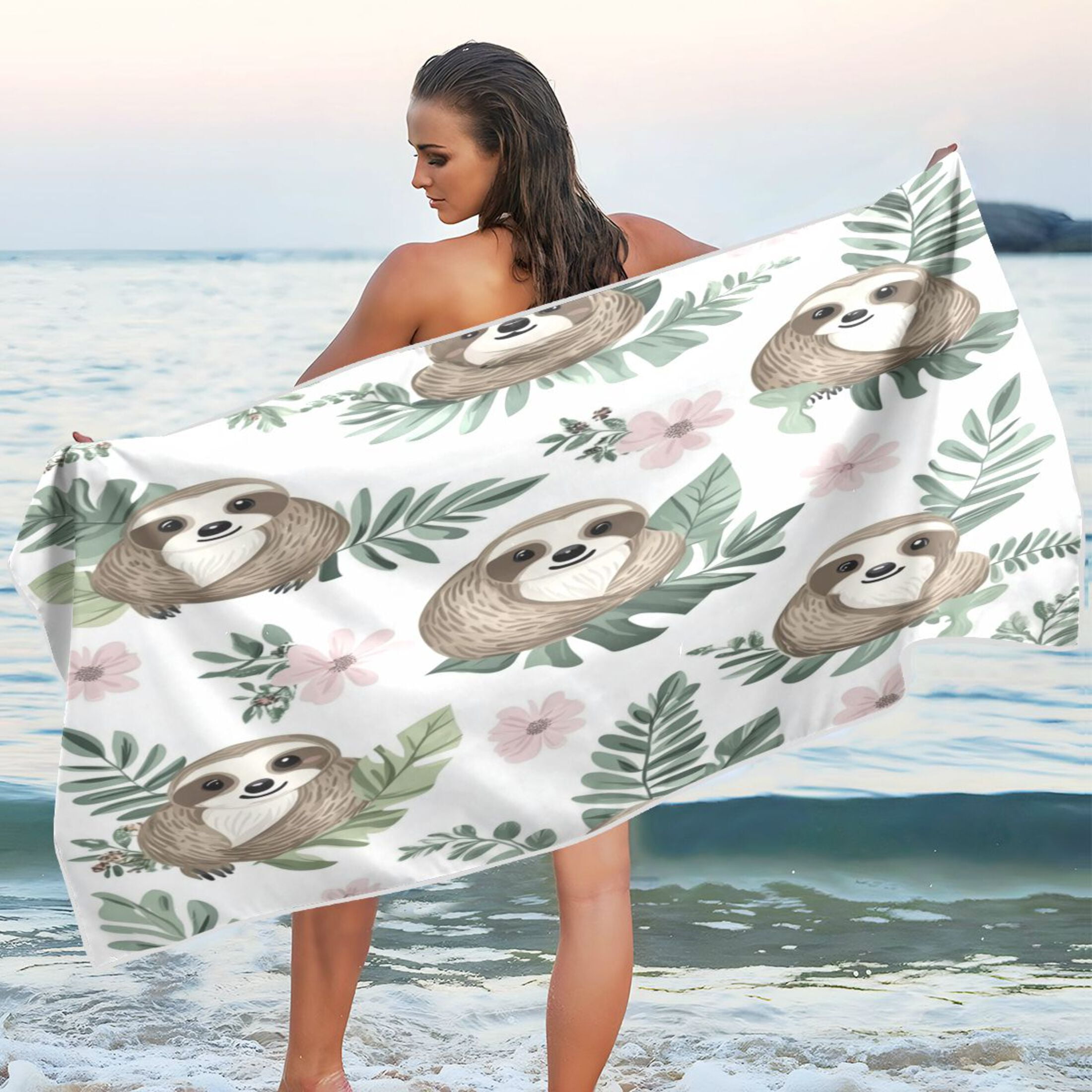 Qxltty Cute Cartoon Sloth Pattern with Tropical Leaves Beach Towel Sand ...