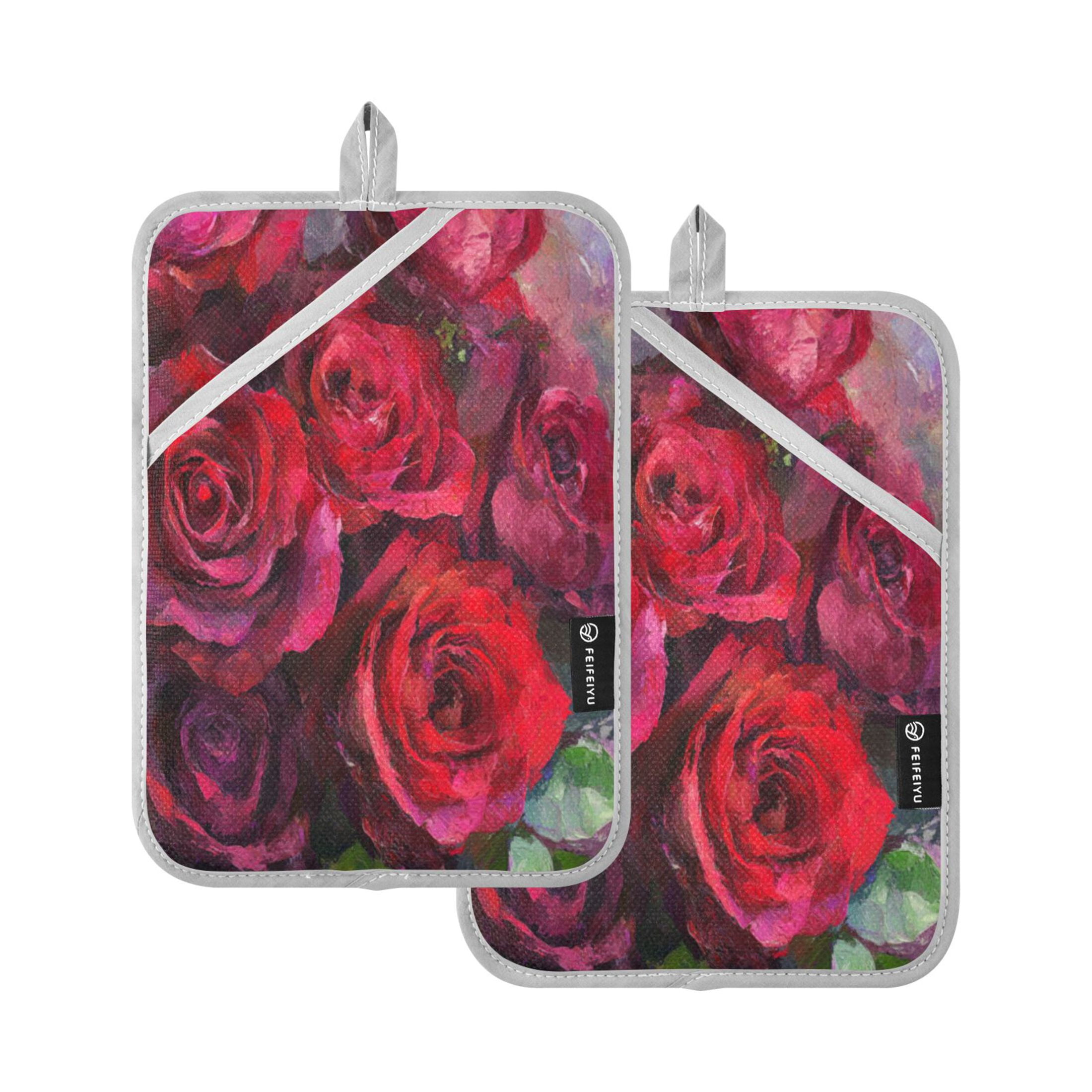 Qxltty Deep Red Roses Oven Mitts 2-Pack Heat Resistant Quilted Oven ...