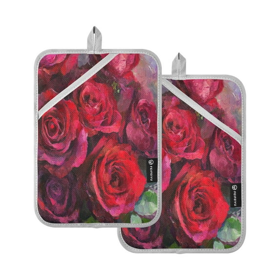 Qxltty Deep Red Roses Oven Mitts 2-Pack Heat Resistant Quilted Oven ...
