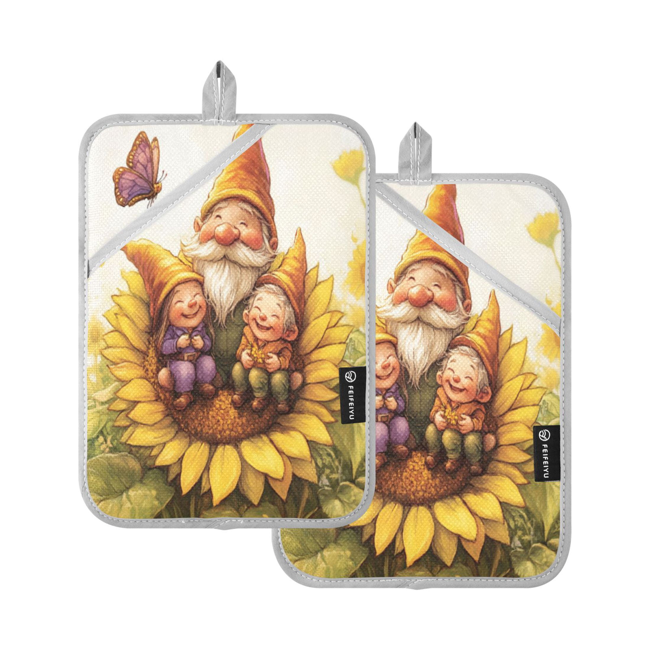 Qxltty Dwarf Elves Sunflower Oven Mitts 2-Pack Heat Resistant Quilted ...