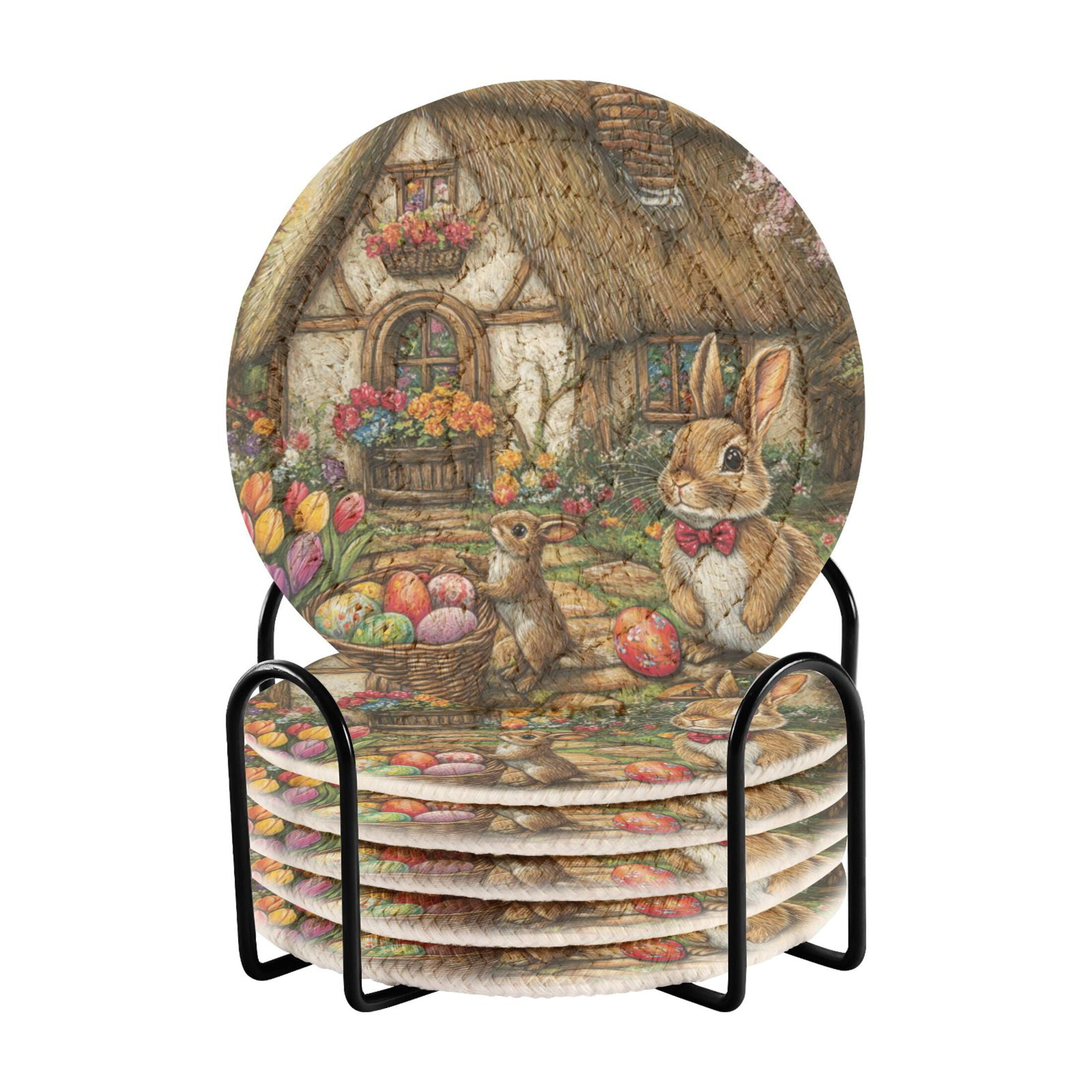 Qxltty Easter Cozy Cabin Drink Coasters with Holder 6pcs Handmade Woven ...